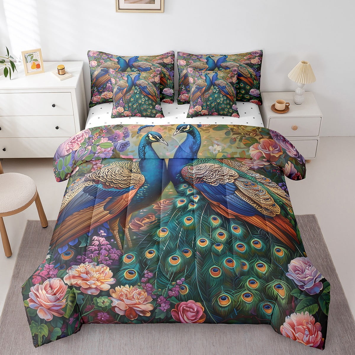 Peacock Comforter Set 7 Piece Bed in a Bag Twin,Peafowl Bedding Sets ...