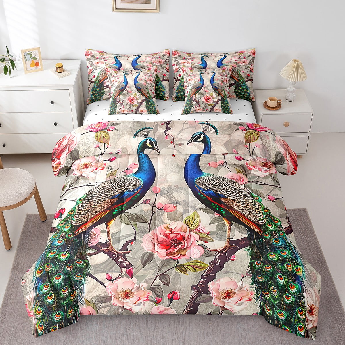 Peacock Comforter Set 7 Piece Bed in a Bag Queen,Pink Flowers Green ...