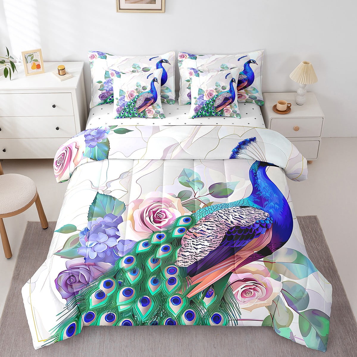 Peacock Comforter Set - 7 Pieces Bed in a Bag Set,Purple Flowers Green ...