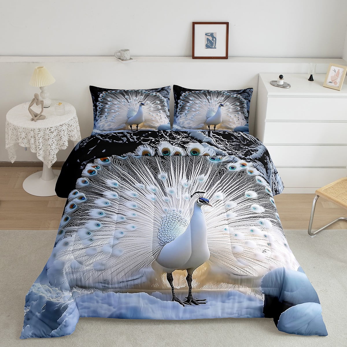 Peacock Comforter Set Queen Size 3 Pcs,White Peacock Feather Aesthetic ...