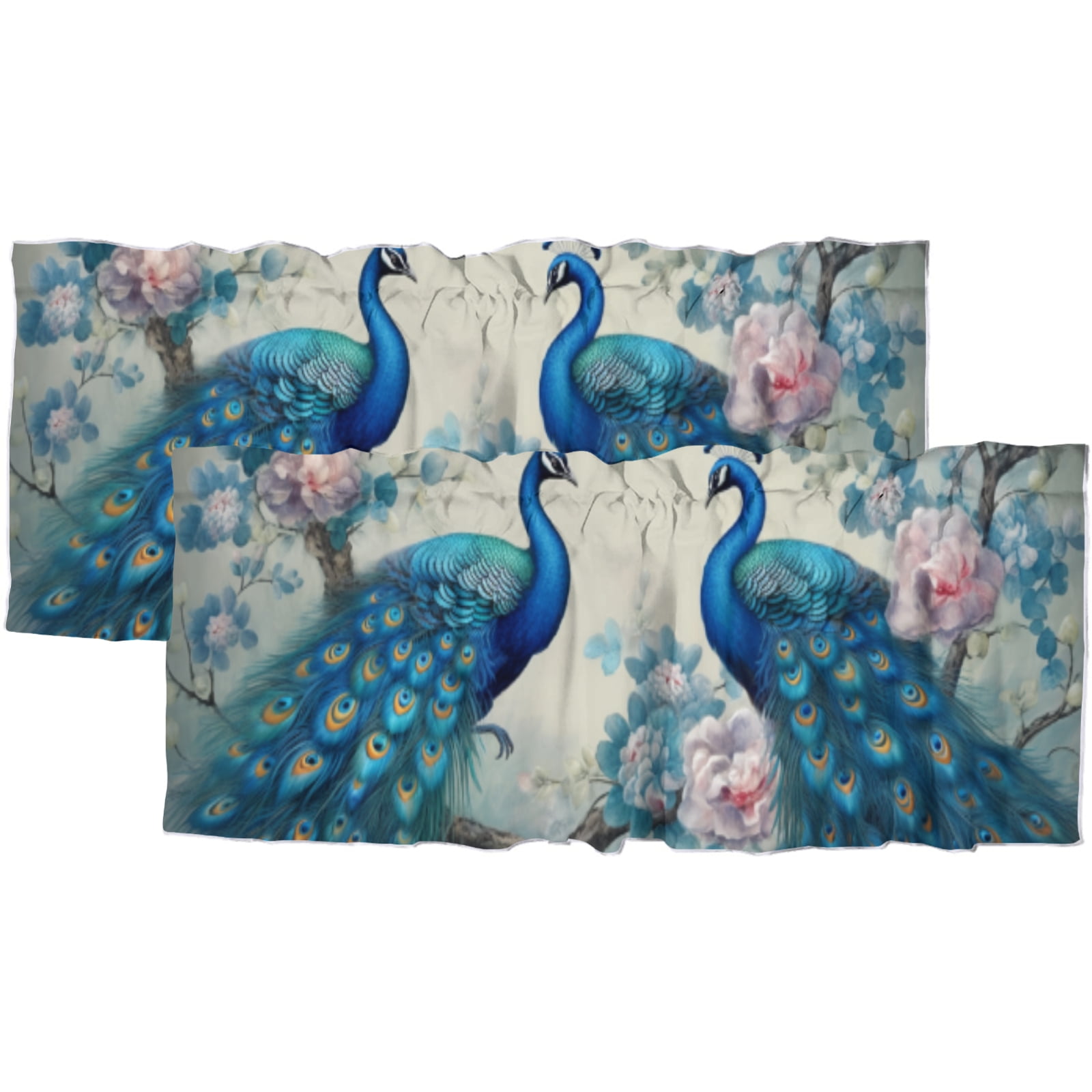 Peacock Curtain Valances Blue Beautiful Bird Flowers Plant Watercolor ...