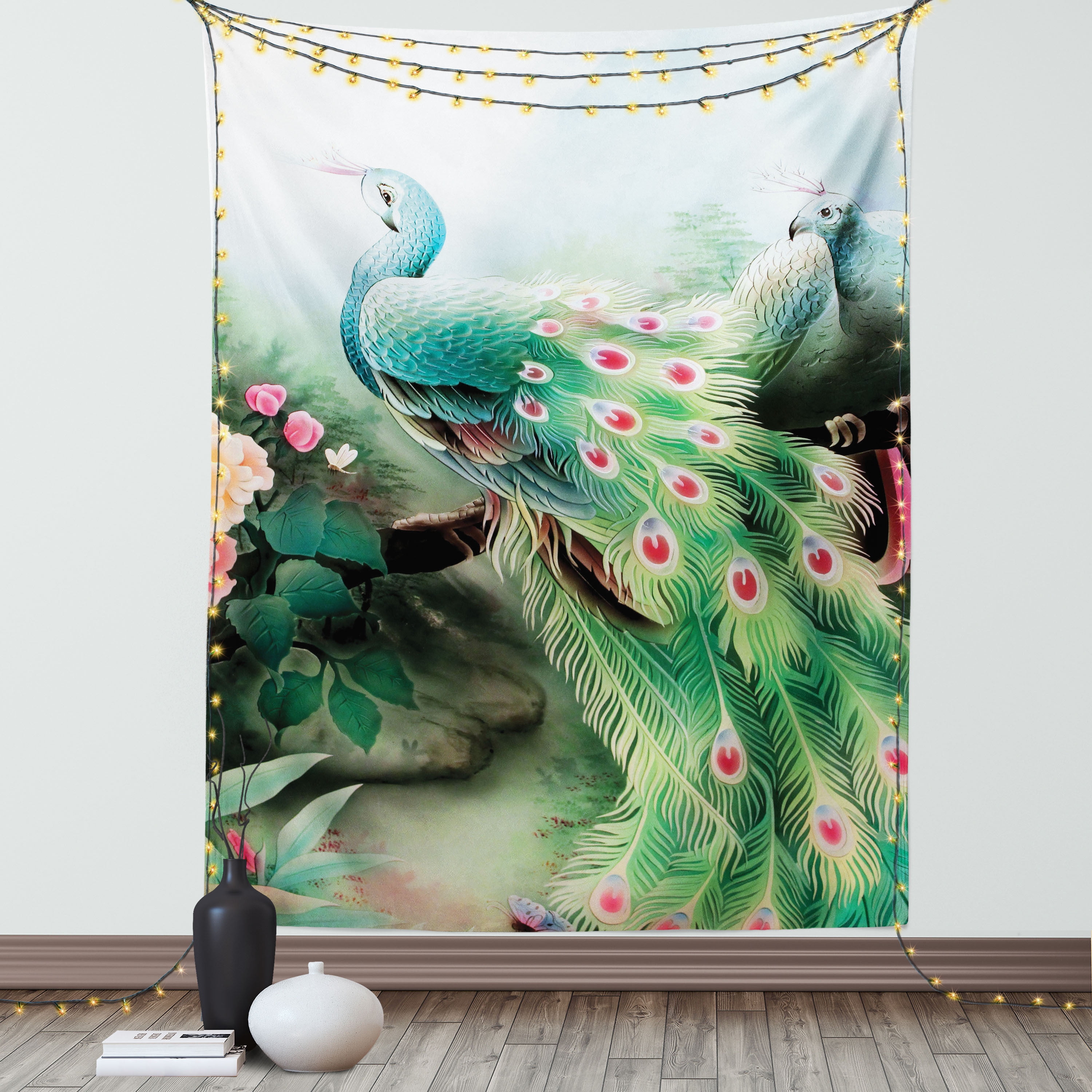 Peacock Decor Wall Hanging Tapestry, Peacock in Summer Flower Garden ...
