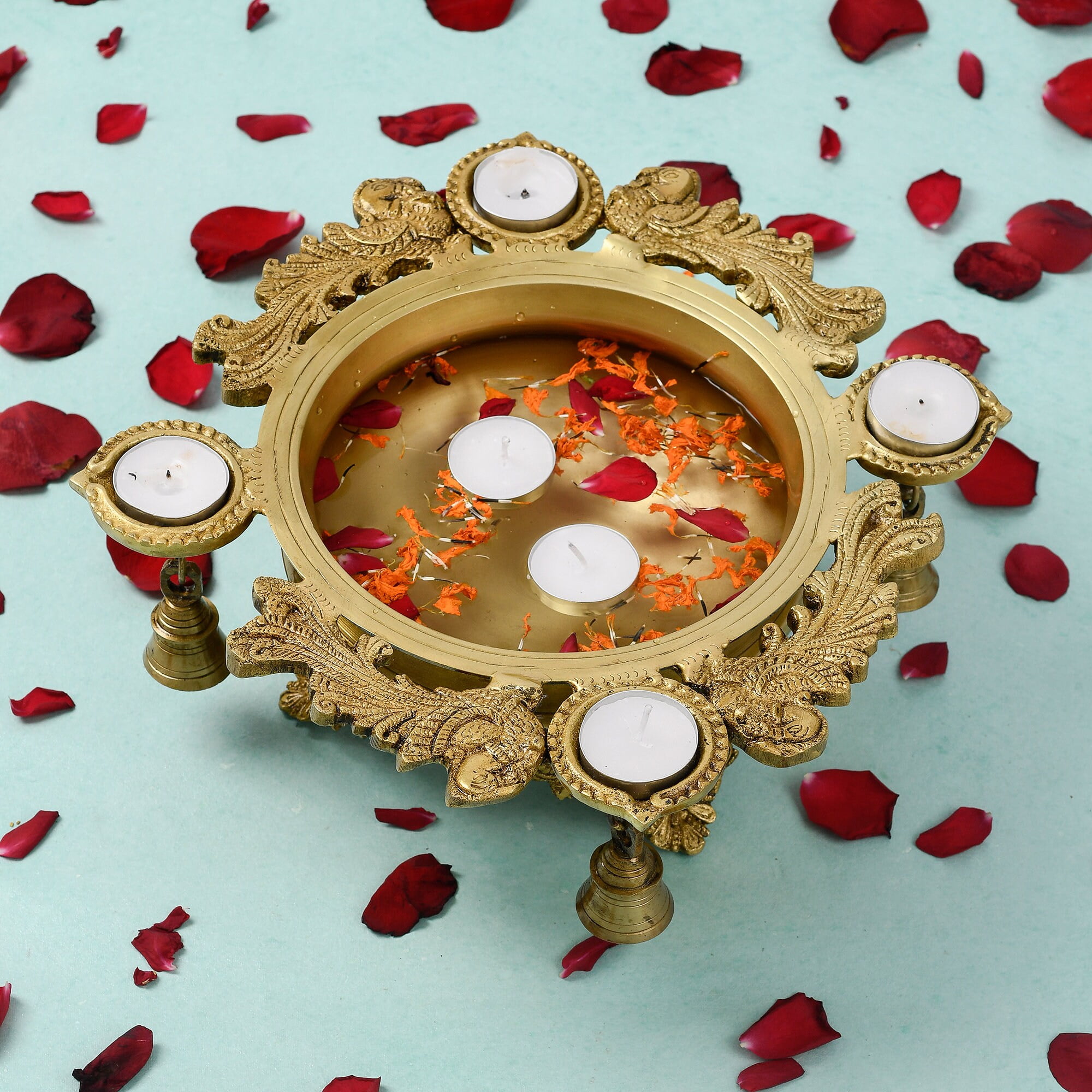 Peacock Design Brass Urli with Four Diyas, Urli Decor, Brass Urli ...
