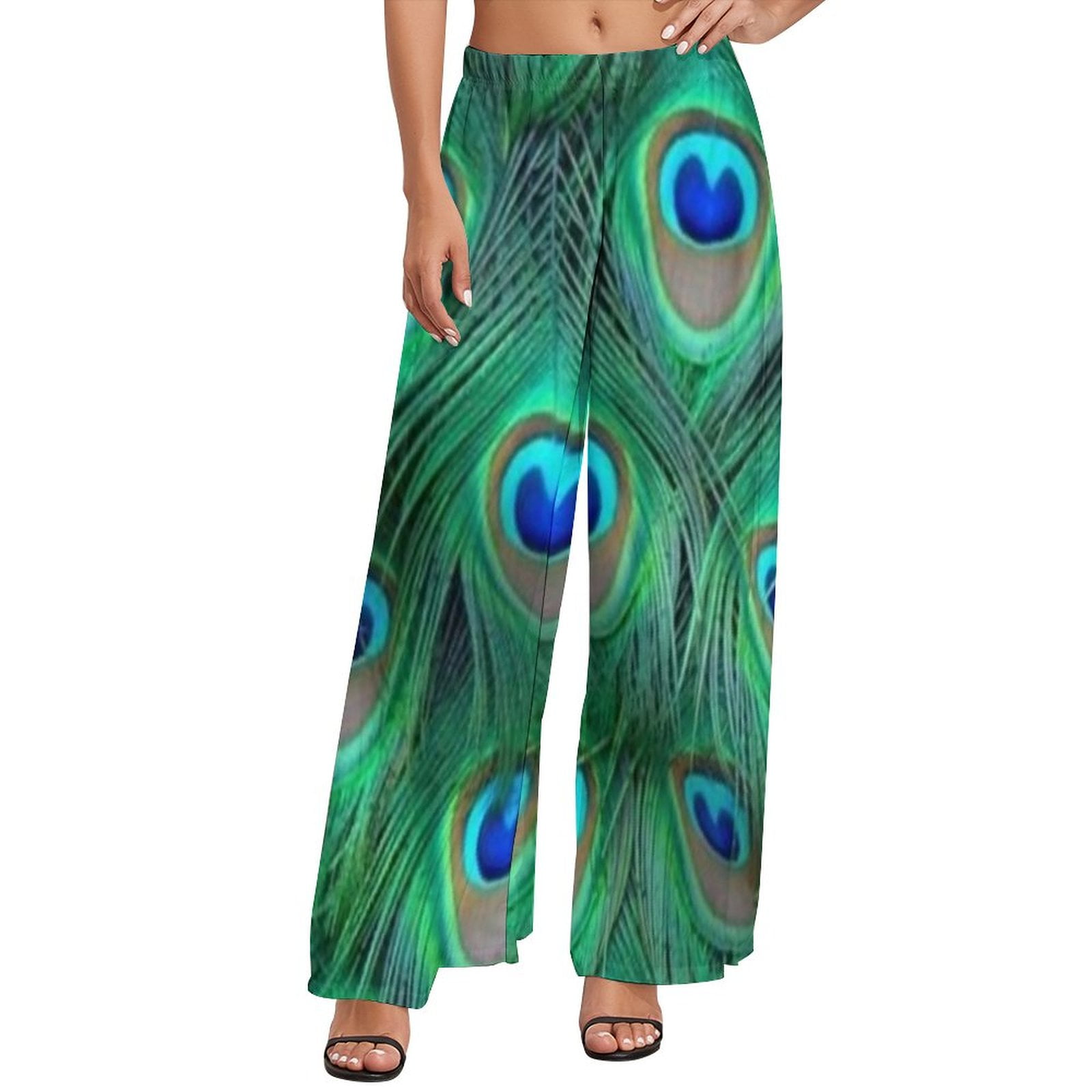 Peacock Design Straight Pants Abstract Feather Print Office Wide Pants ...