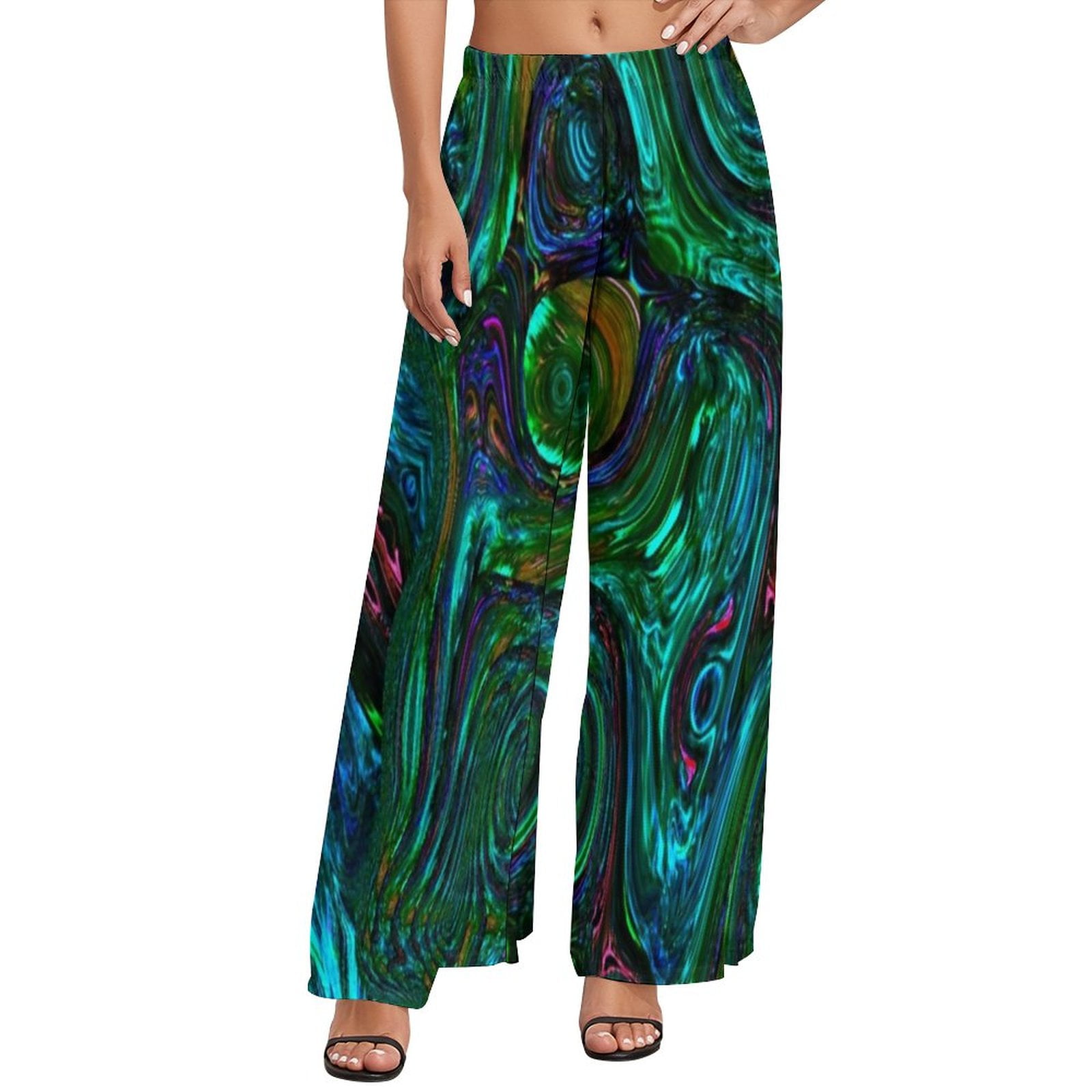 Peacock Design Straight Pants Abstract Feather Print Office Wide Pants ...