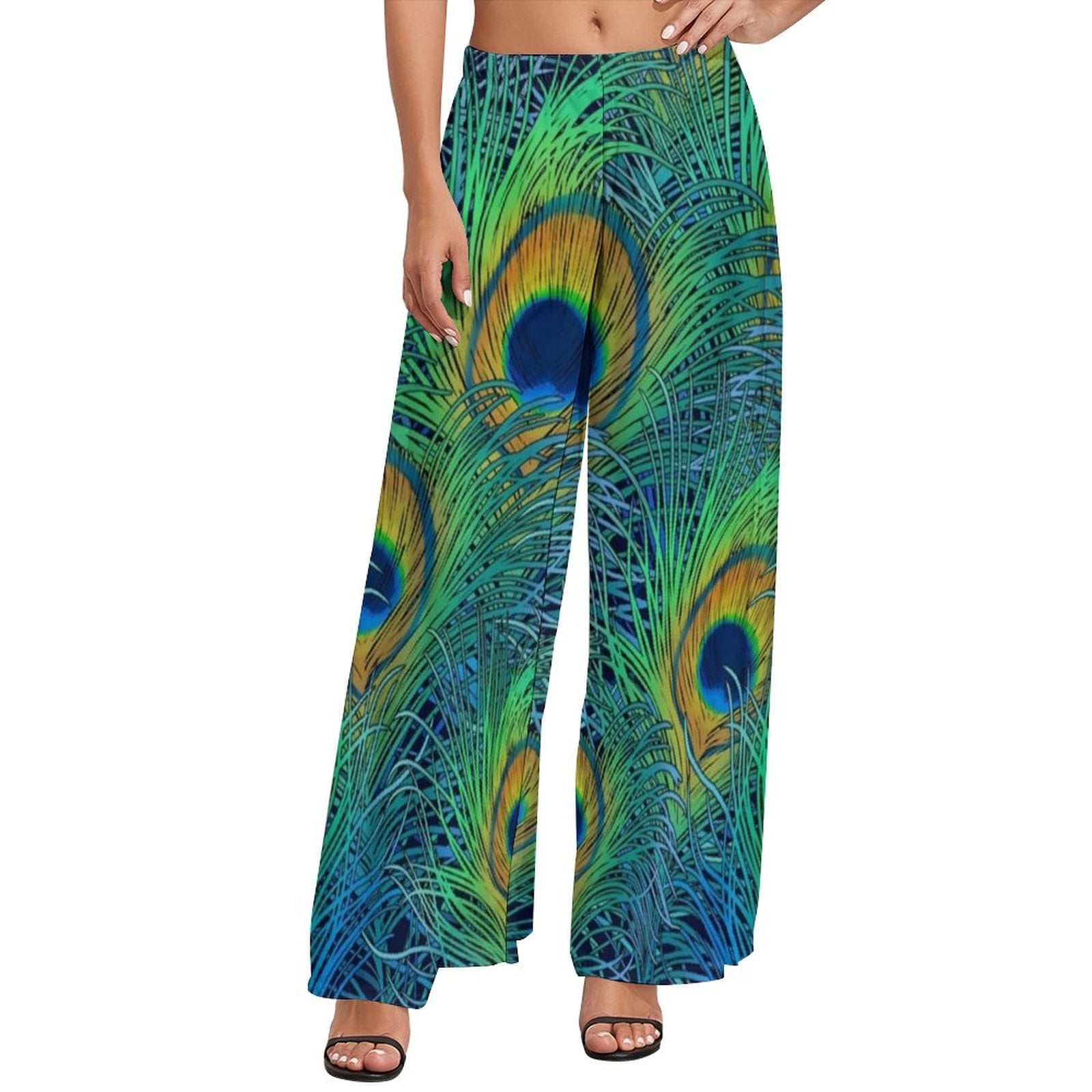 Peacock Design Straight Pants Abstract Feather Print Office Wide Pants ...