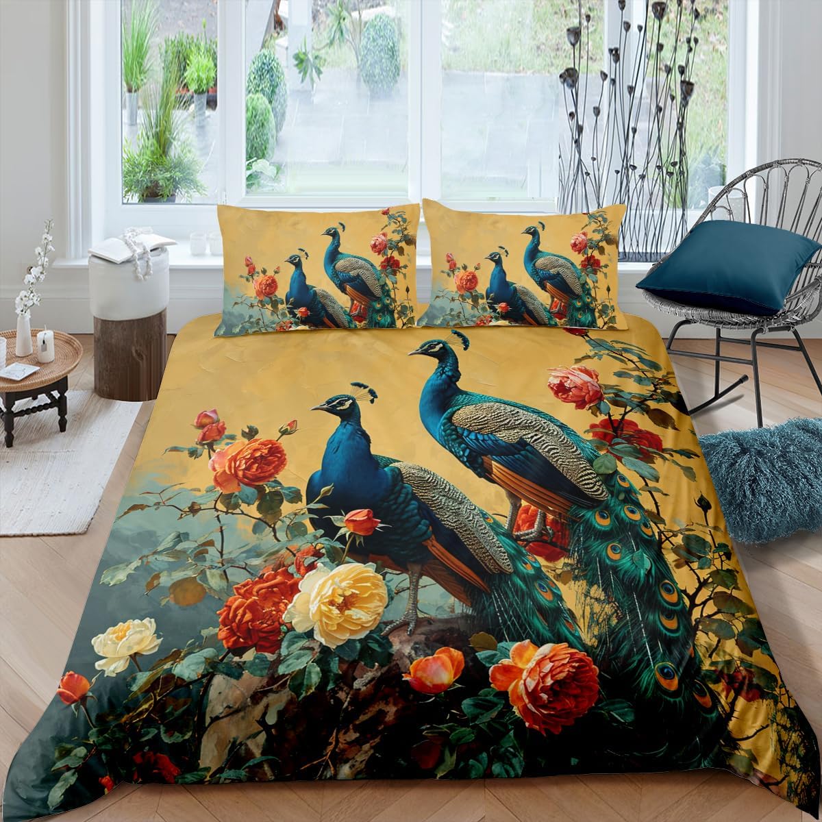 Peacock Duvet Cover Peony Comforter Cover Floral Oil Painting Bedding ...