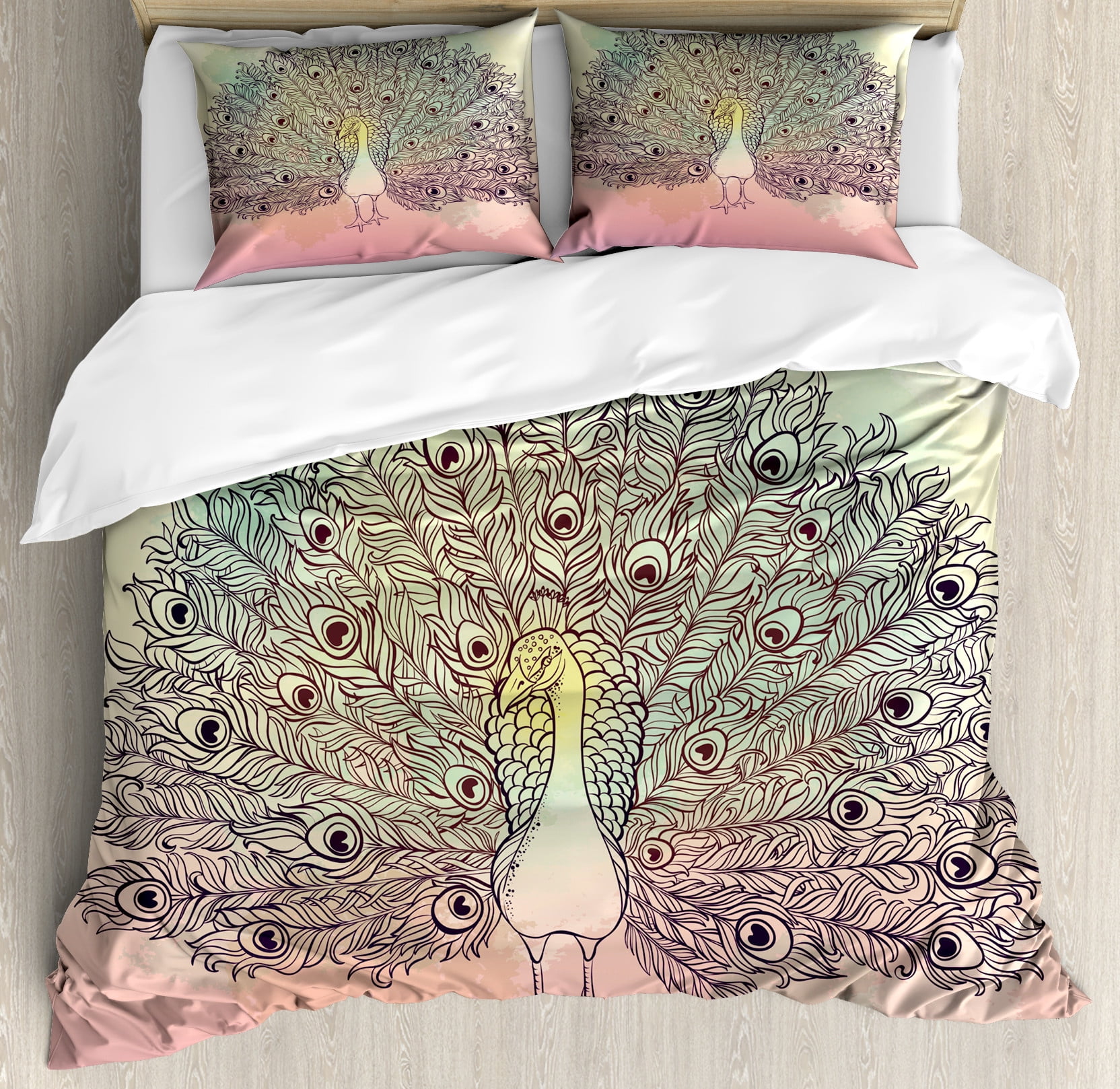 Peacock Duvet Cover Set, Feathers Gradient Watercolor Sketch Bird of ...