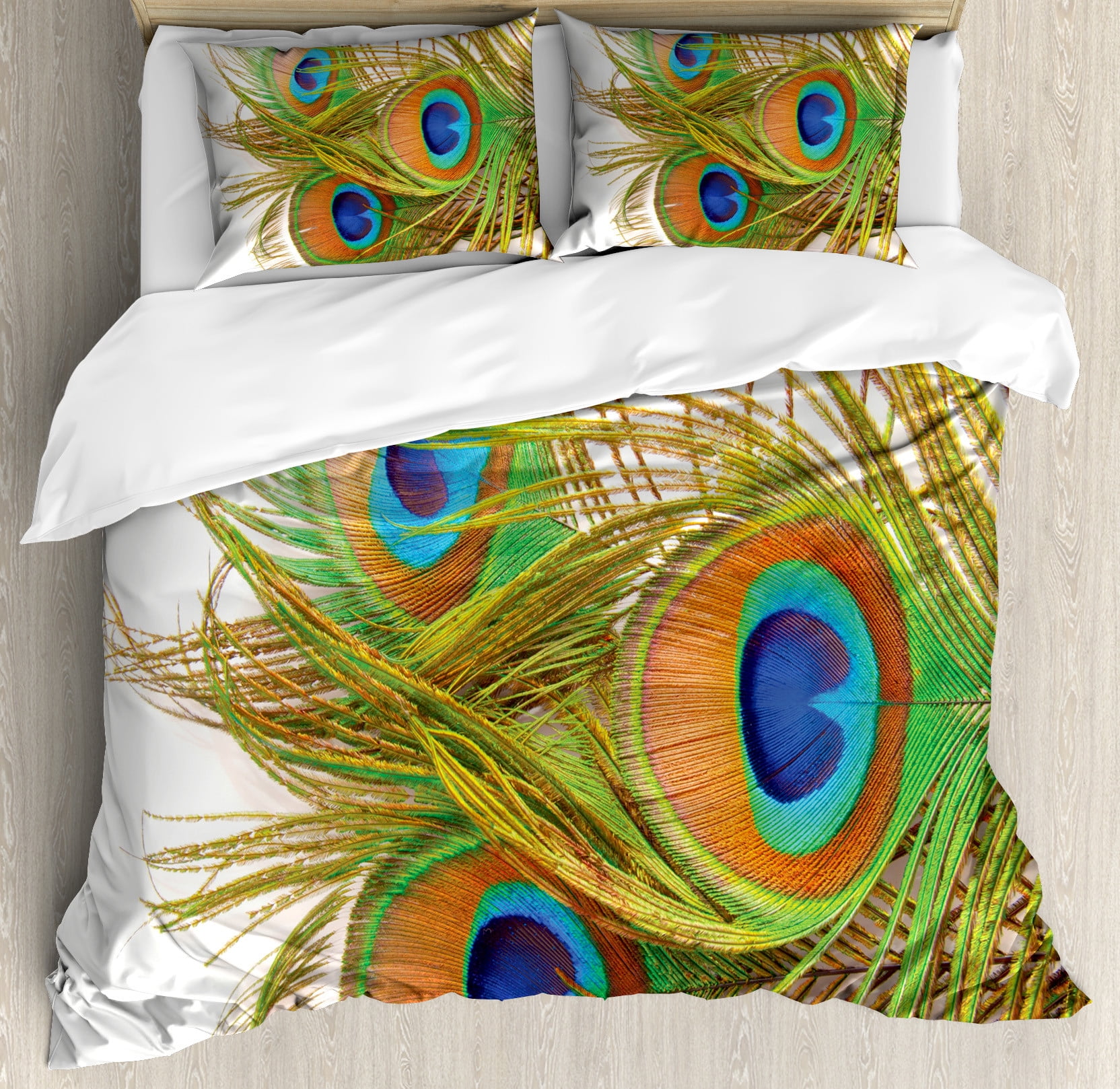 Peacock Duvet Cover Set, Peacock Feathers Modern Spring Leaves Forest Trees Classic Plumage Art ...