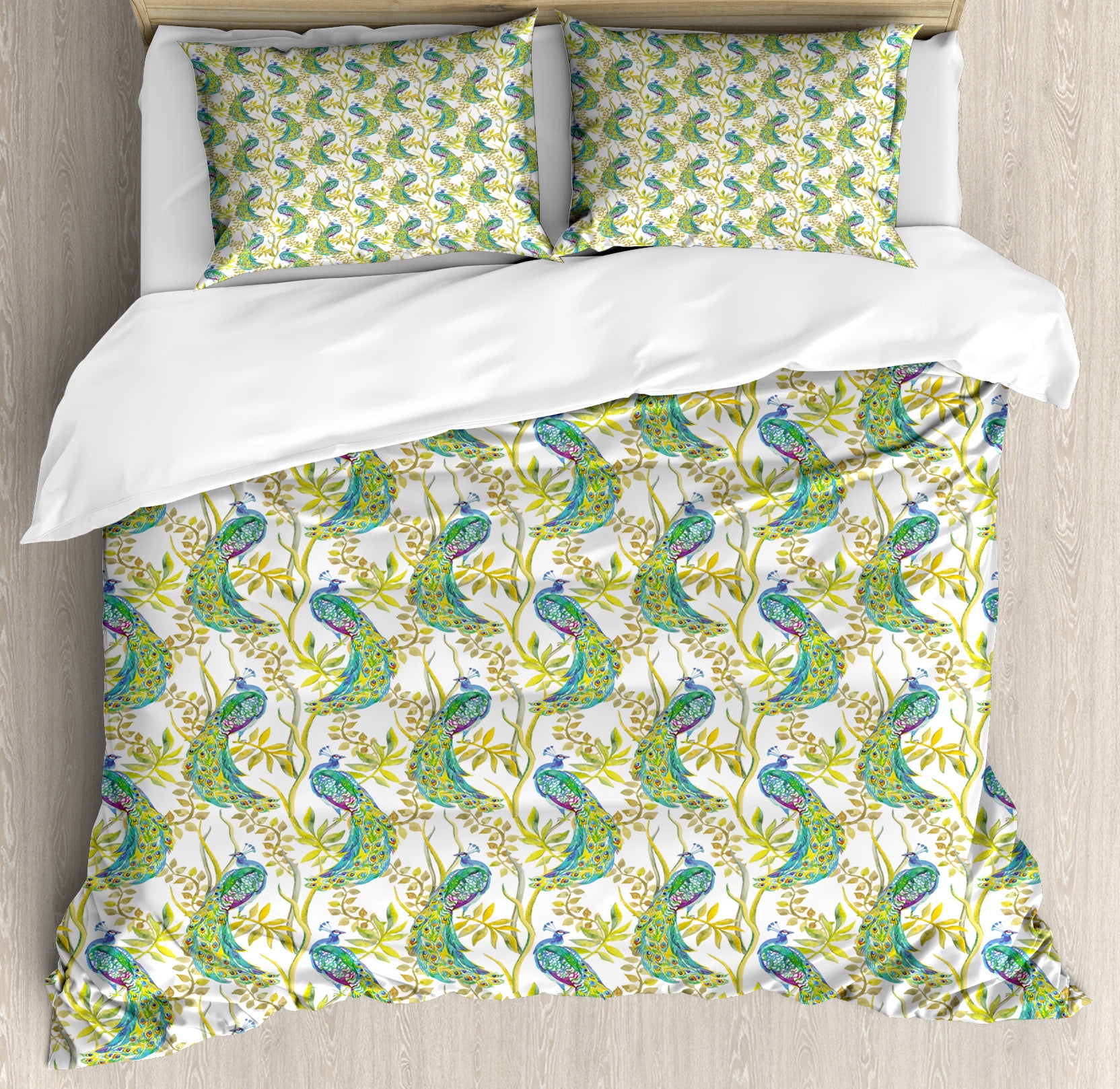 Peacock Duvet Cover Set, Watercolor Pattern with Abstract Vivid Exotic Long Tailed Birds on ...