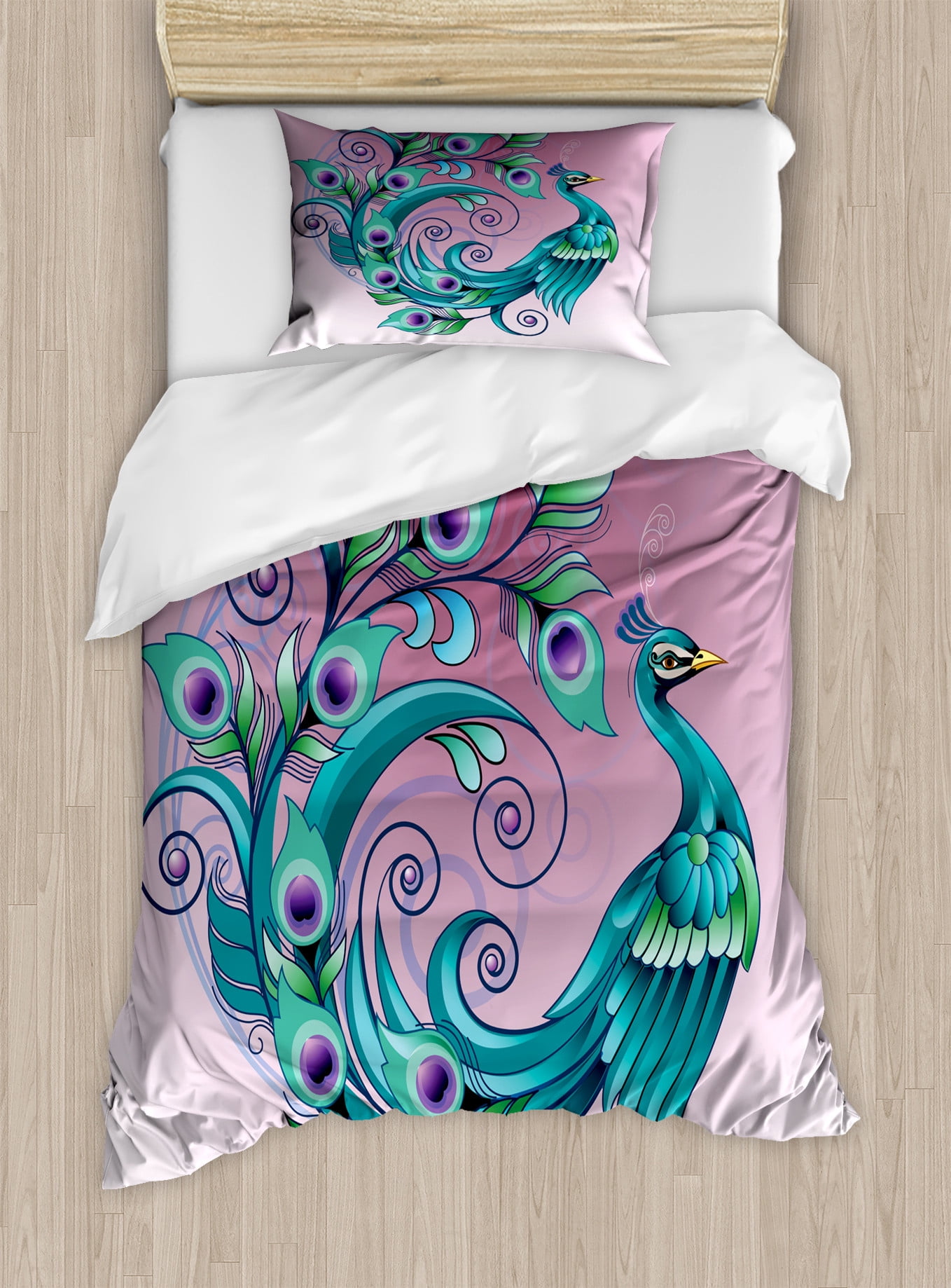 Peacock Duvet Cover Sets, Digital Art Illustration with Exotic Abstract ...