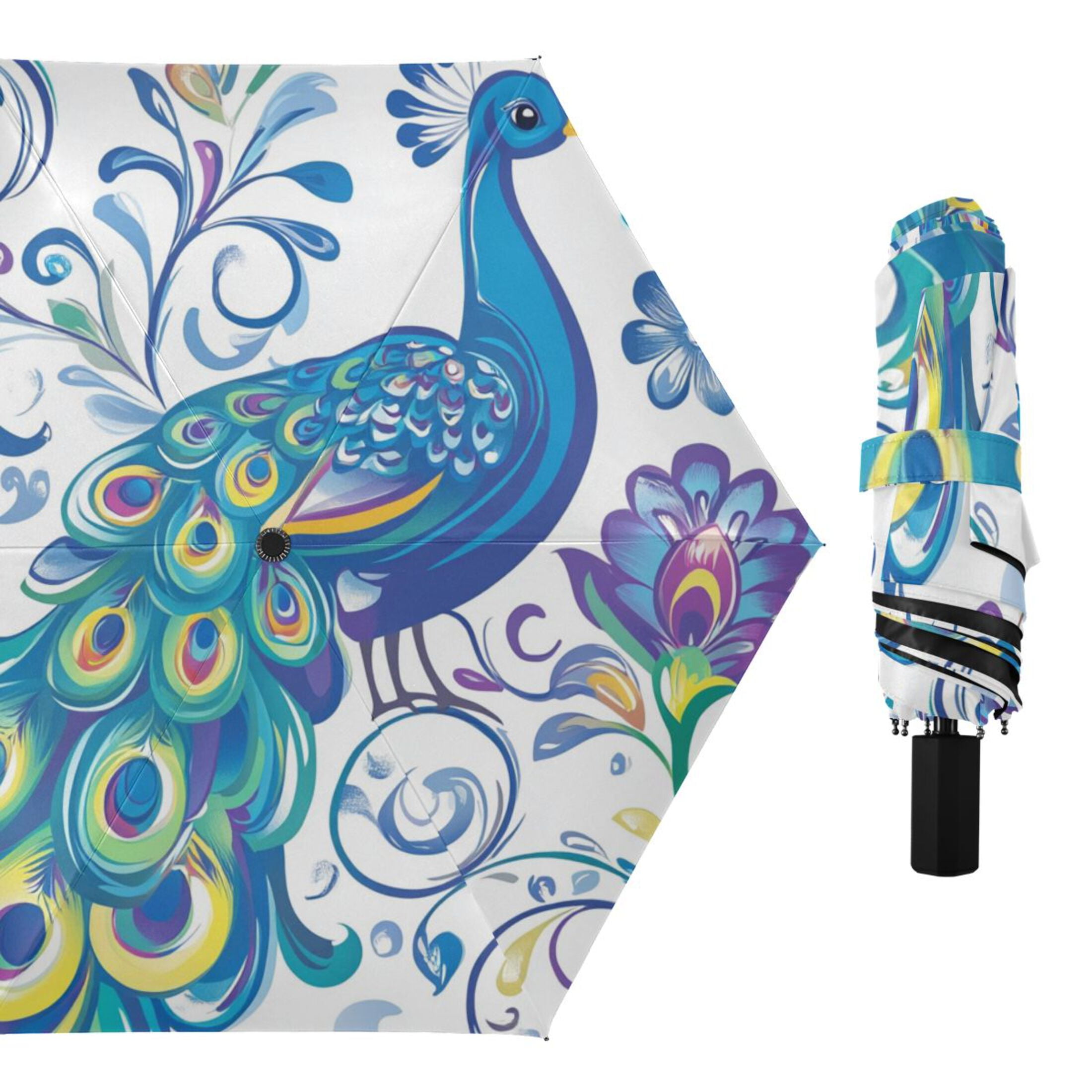 Peacock Elegant Flowers Hand Painted All Weather Umbrella Triple ...