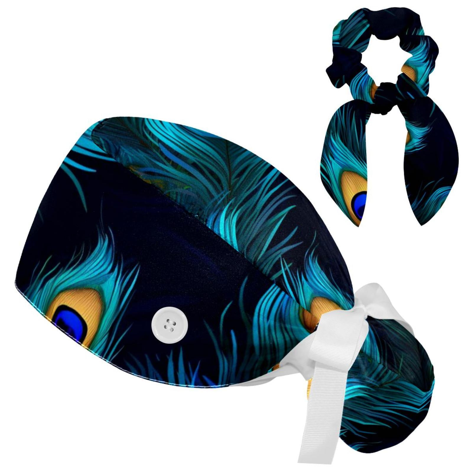 Peacock Feather Adjustable Women Working Cap with Bow Hair Scrunchy ...