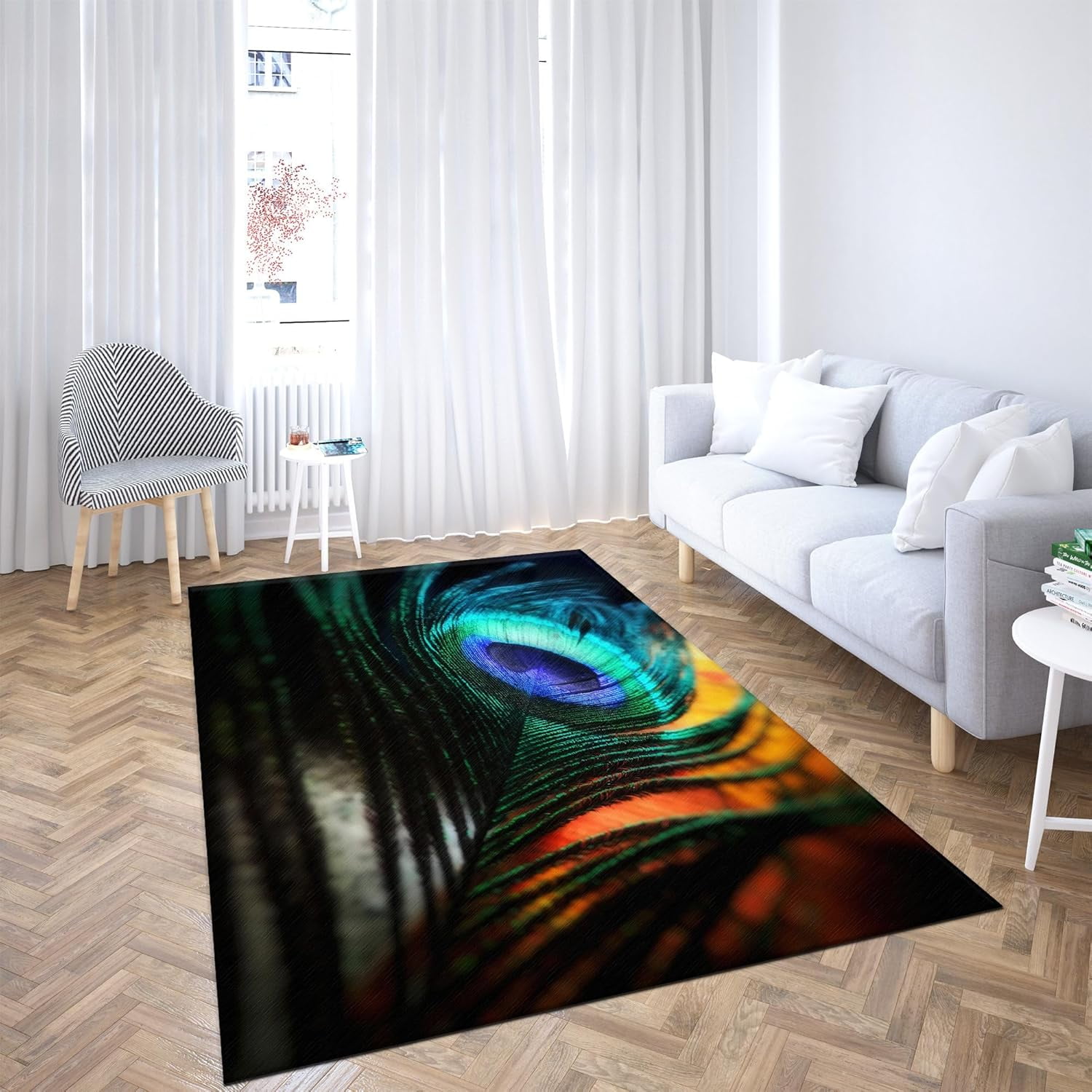 Peacock Feather Area Rug,Colorful Feather Washable Bedroom Rug, Home ...