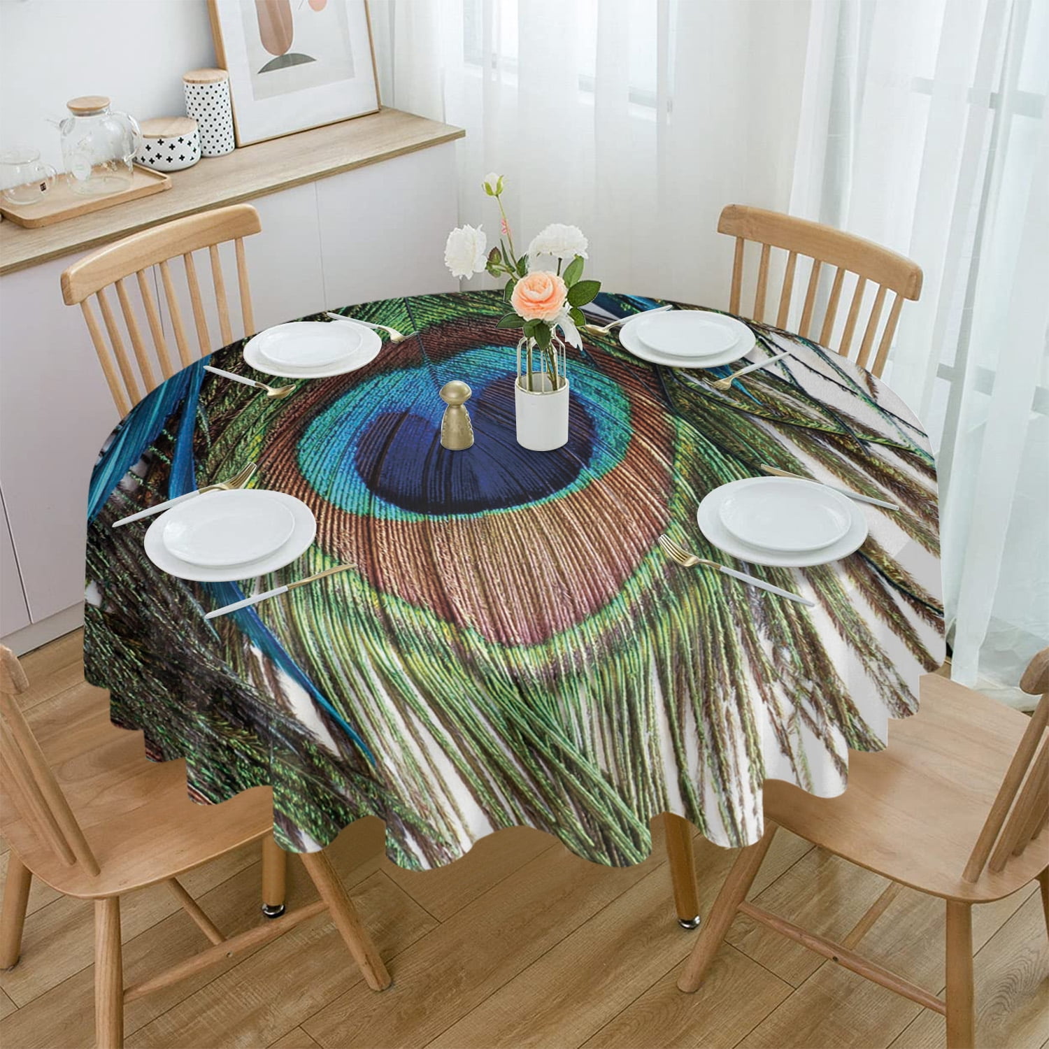 Peacock Feather Art Round Tablecloths for Dining Table Waterproof Table ...