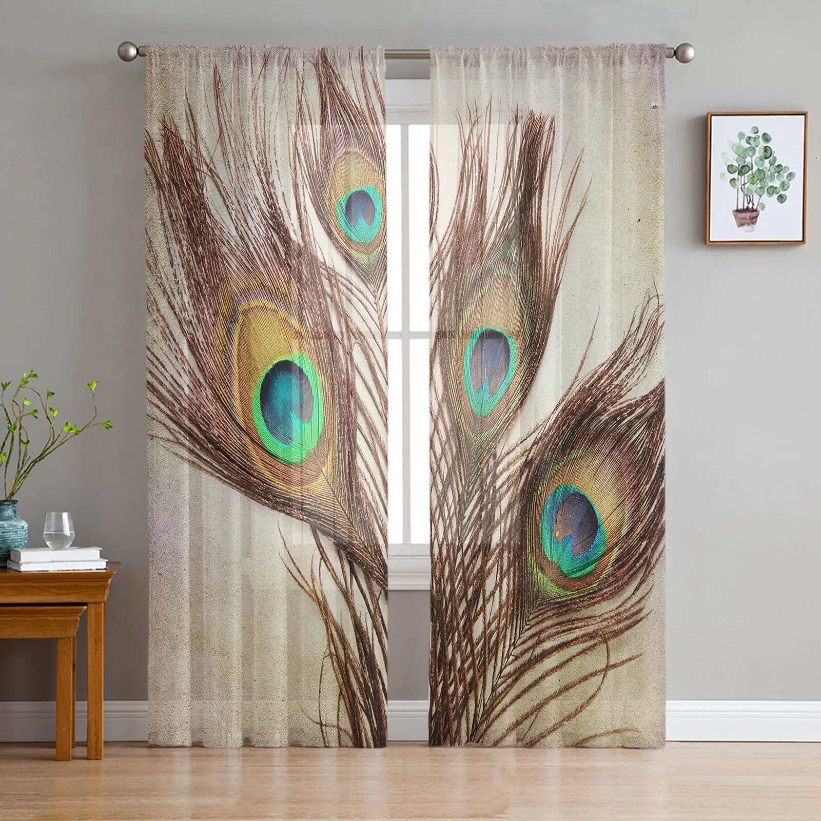 Peacock Feather Art Tulle Curtains for Living Room Bedroom Sheer Voile ...