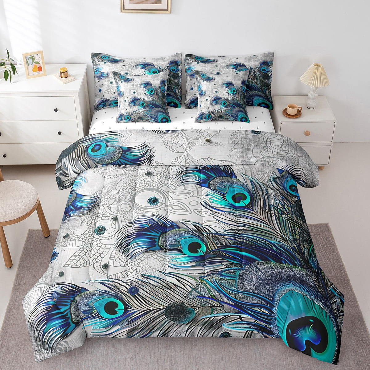 Peacock Feather Bed in a Bag King Size Comforter Set 7 Pieces,Trippy Mandala Exotic Bohemian ...