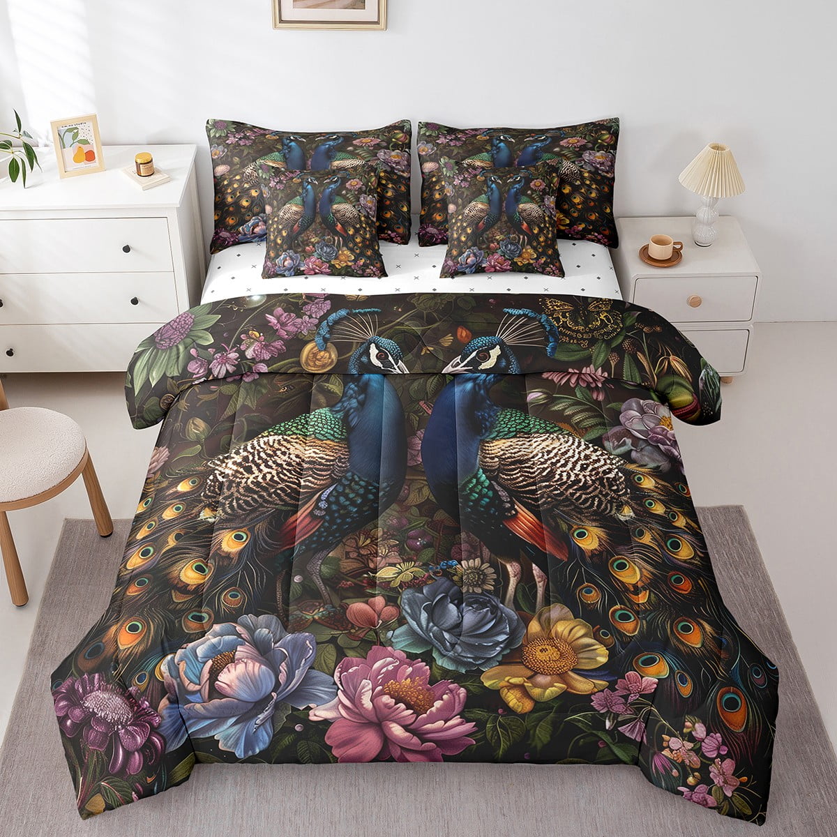 Peacock Feather Bed in a Bag Queen Comforter Set 7 Piece,Peafowl Bedding Sets Peahen Wild ...