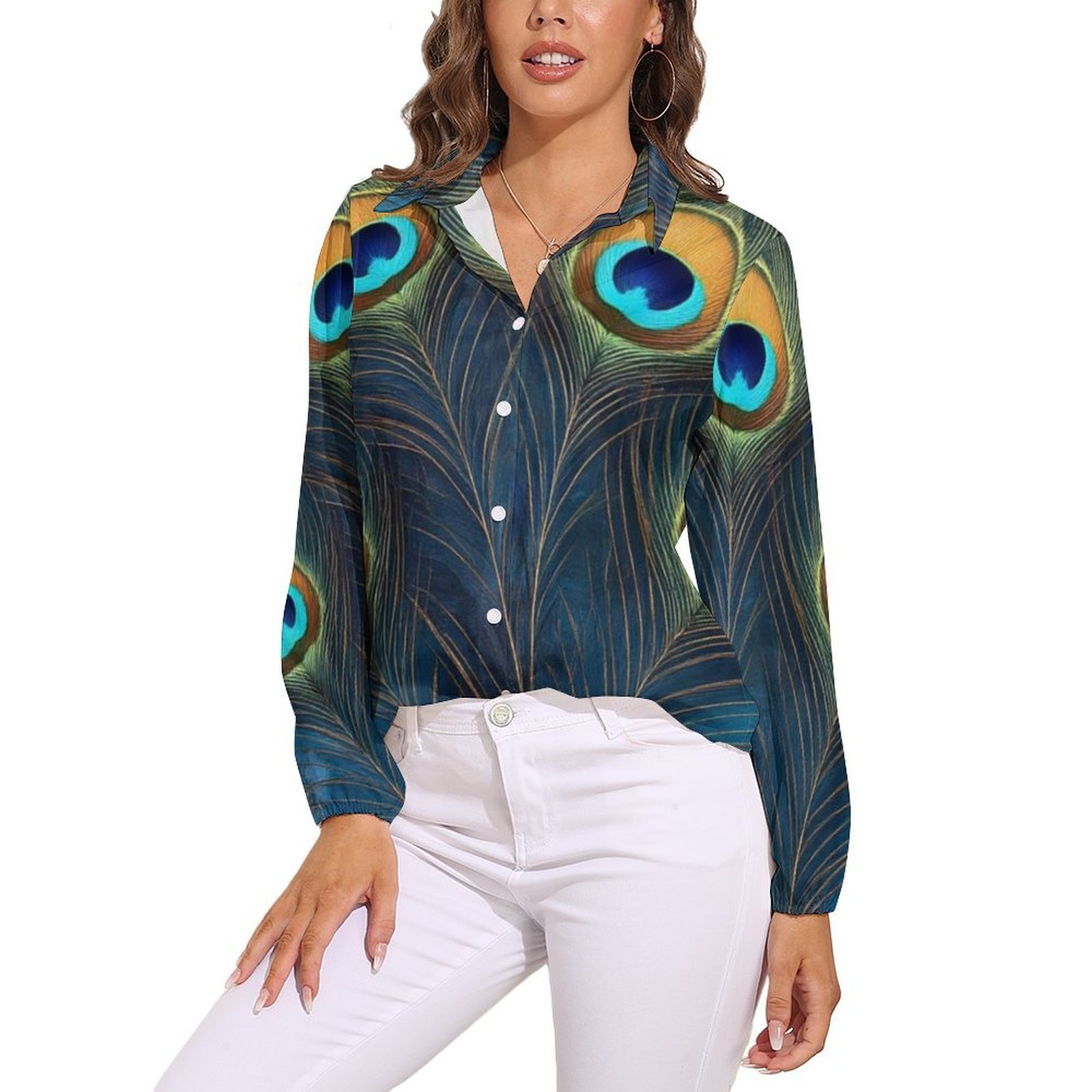 Peacock Feather Blue-1 Vntage Casual Long Sleeve Shirt Blouse Woman ...