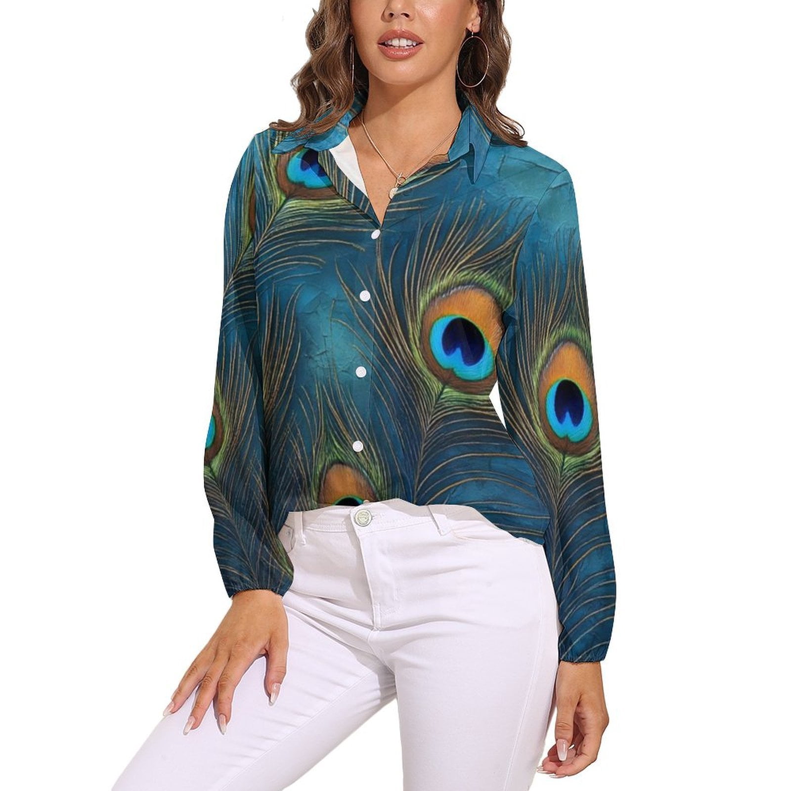 Peacock Feather Blue-2 Vntage Casual Long Sleeve Shirt Blouse Woman ...