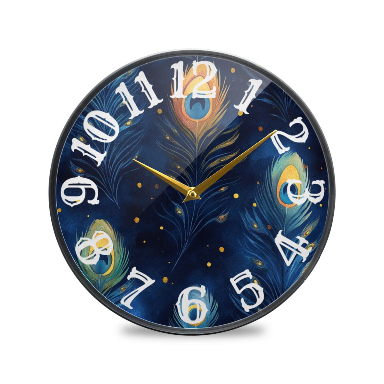 Peacock Feather Blue Wall Clock 12 Inch Silent Non Ticking Battery ...
