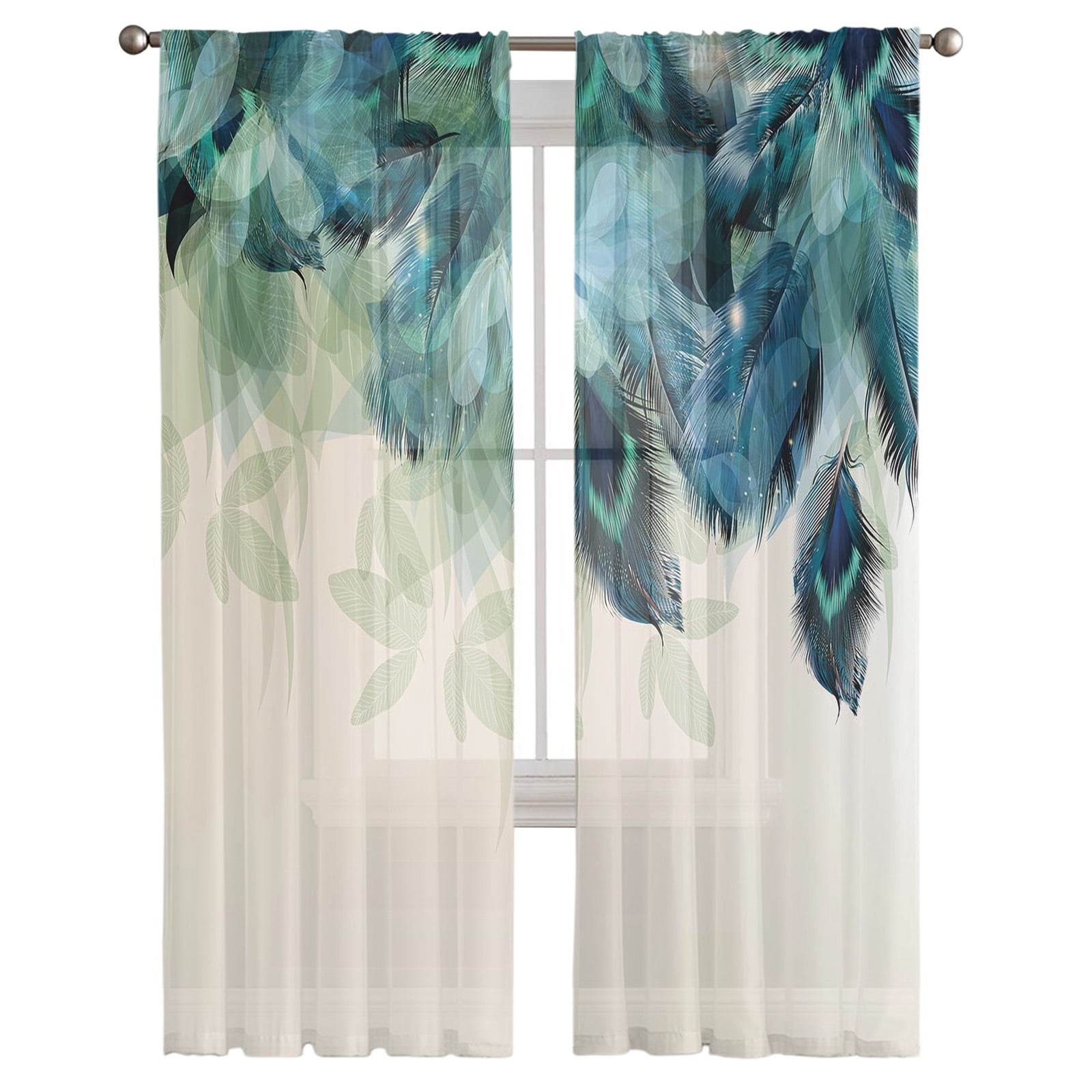 Peacock Feather Border Sheer Curtain for Living Room Bedroom Voile ...