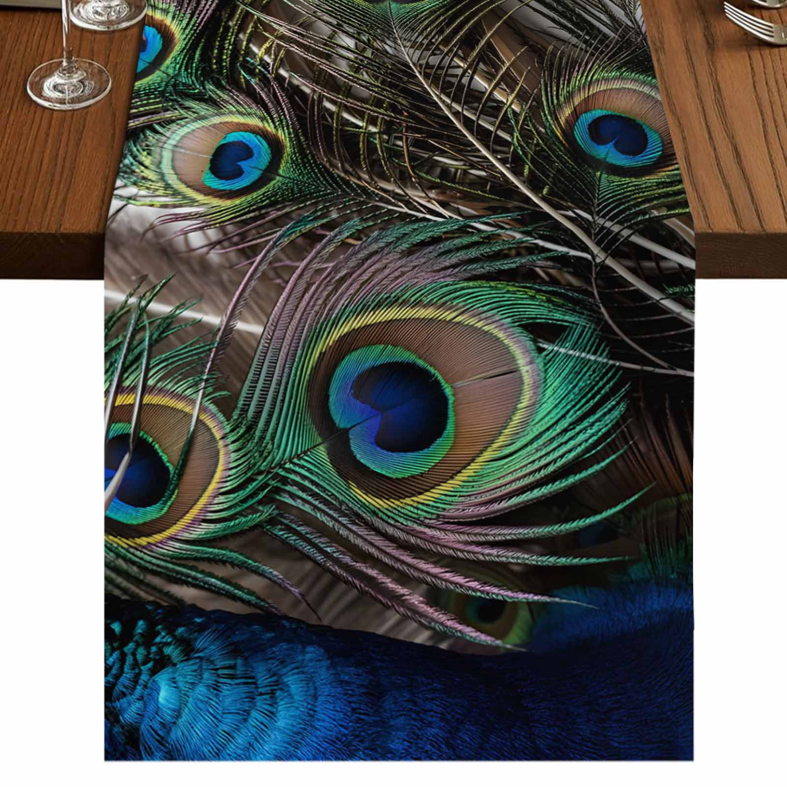 Peacock Feather Burlap Cotton Table Runner 13x48 Inches Long, Teal Blue ...