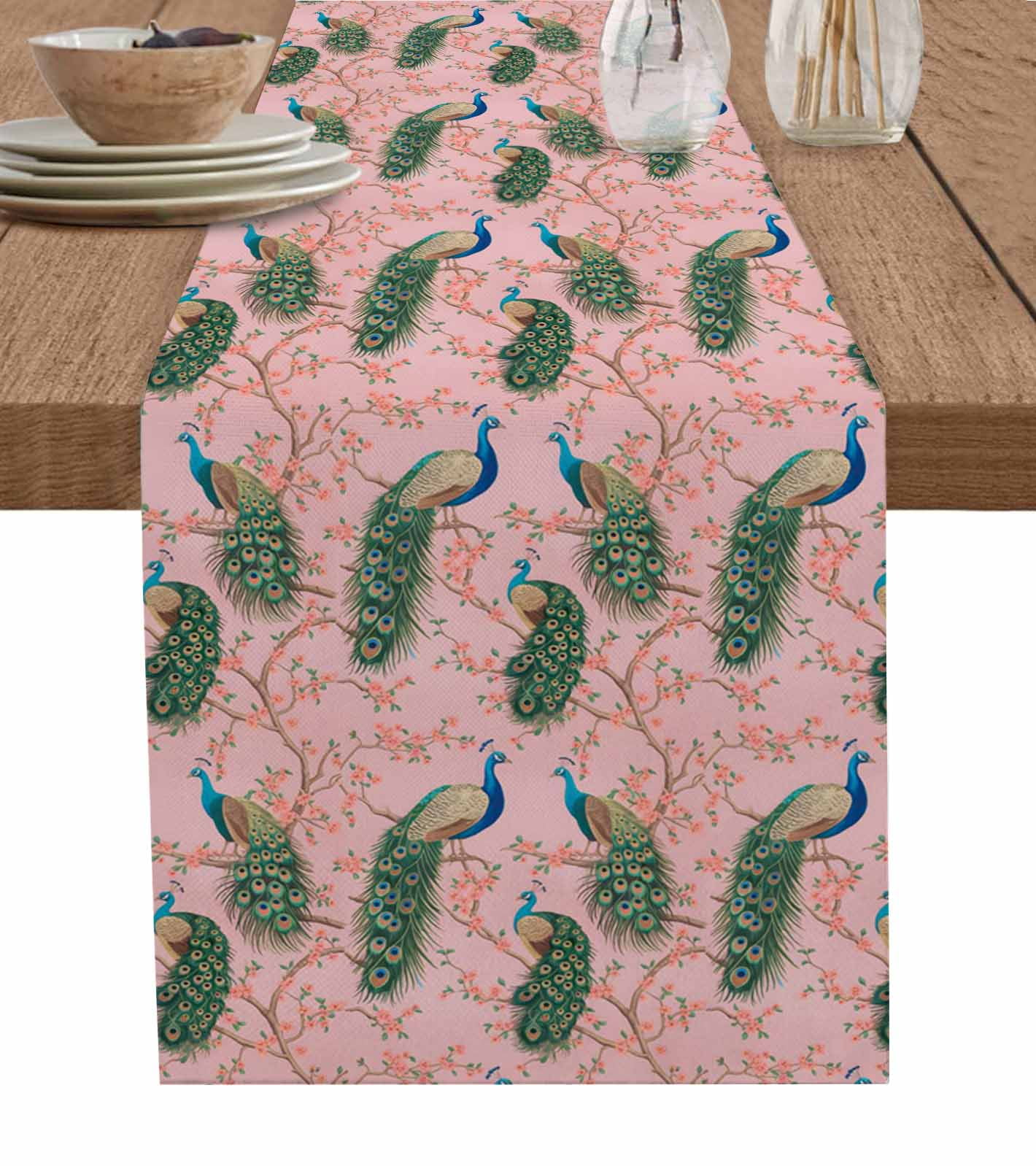 Peacock Feather Burlap Cotton Table Runner 13x70 Inches Long, Pink ...