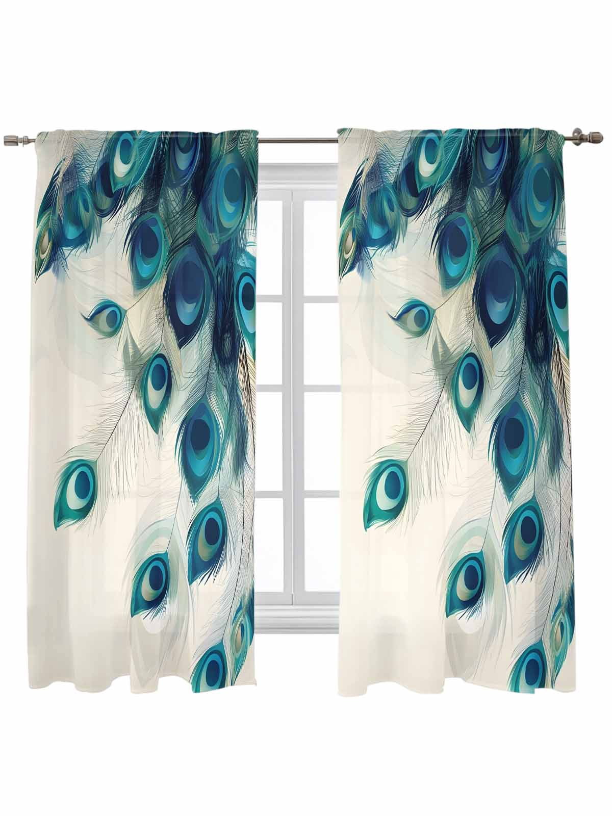 Peacock Feather Curtains 63 Inch Length, Sheer Curtains for Bedroom ...