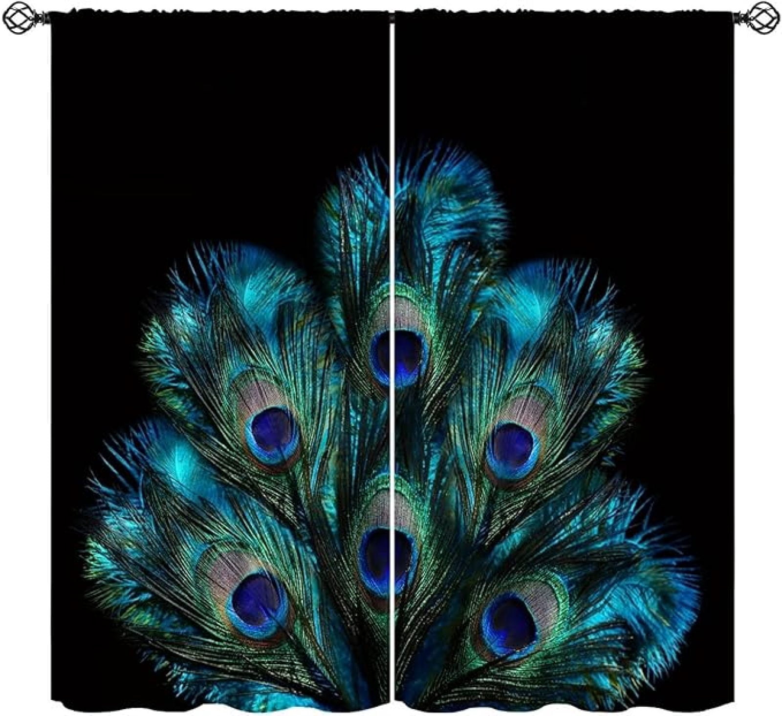 Peacock Feather Curtains,Blue Green Feather Black Background Printed ...