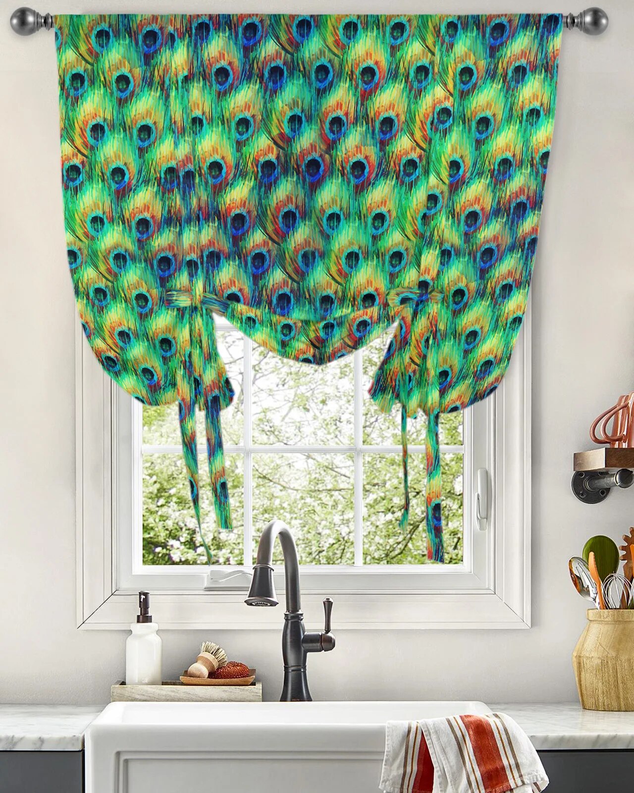 Peacock Feather Curtains for Living Room Bedroom Modern Tie Up Window ...