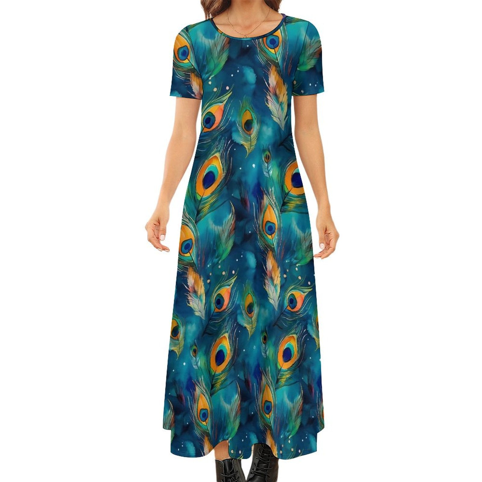 Peacock Feather Design Dress Blue Animal Aesthetic Bohemia Long Dresses ...