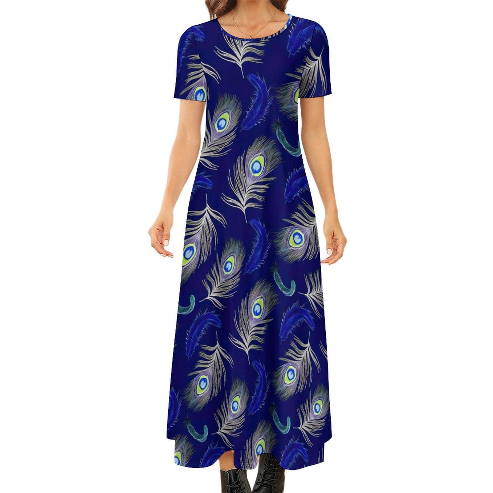 Peacock Feather Design Dress Blue Animal Aesthetic Bohemia Long Dresses ...