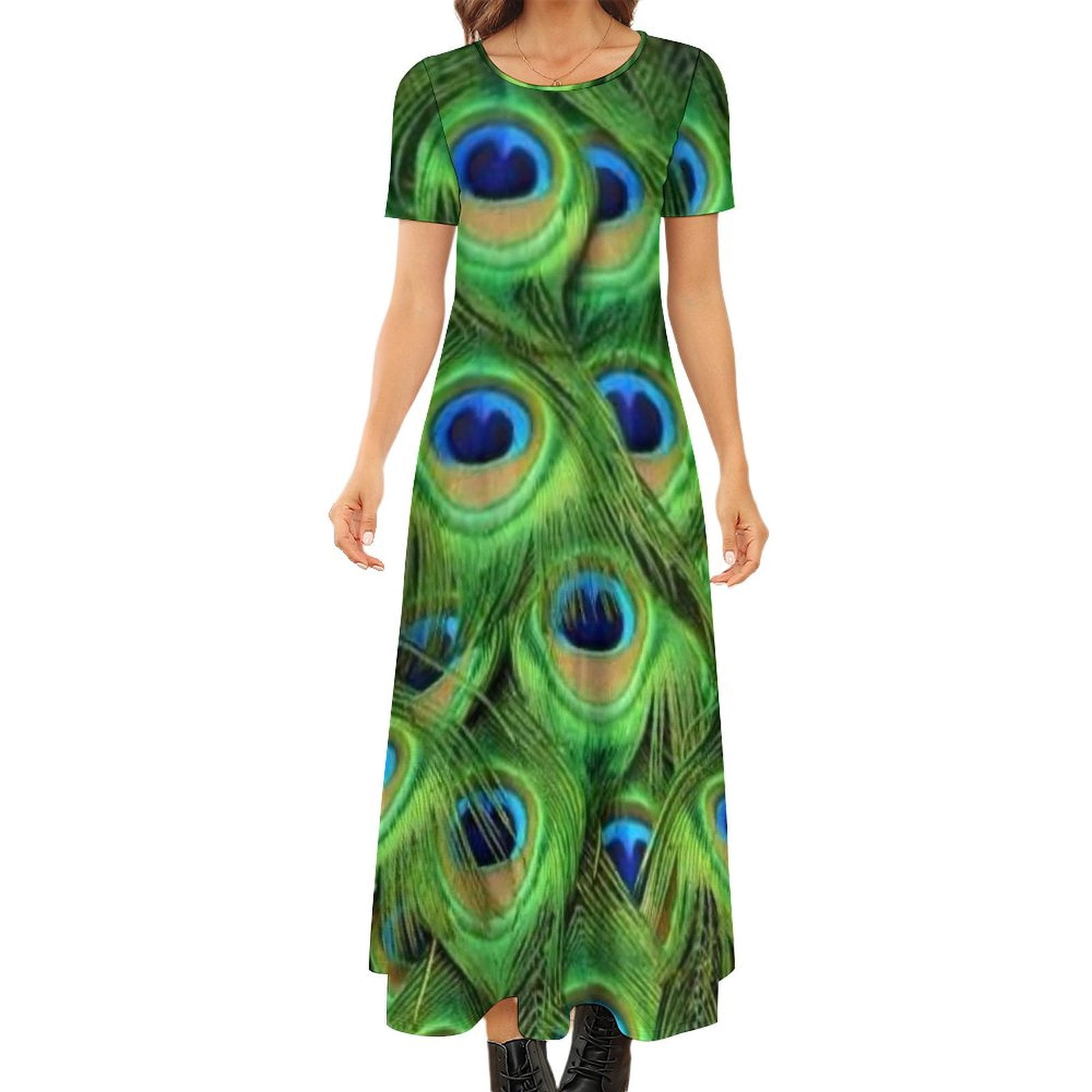 Peacock Feather Design Dress Blue Animal Aesthetic Bohemia Long Dresses ...