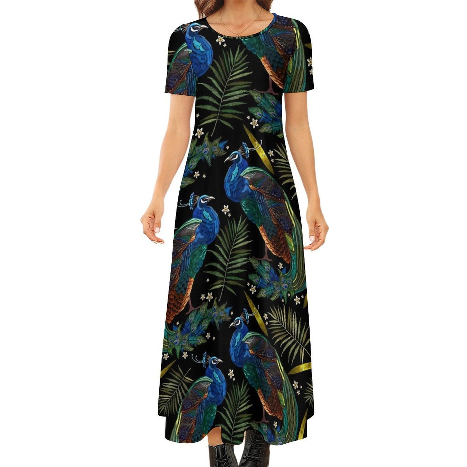 Peacock Feather Design Dress Blue Animal Aesthetic Bohemia Long Dresses ...