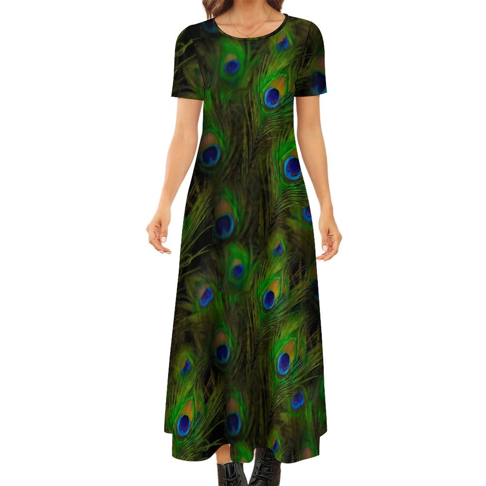 Peacock Feather Design Dress Blue Animal Aesthetic Bohemia Long Dresses ...