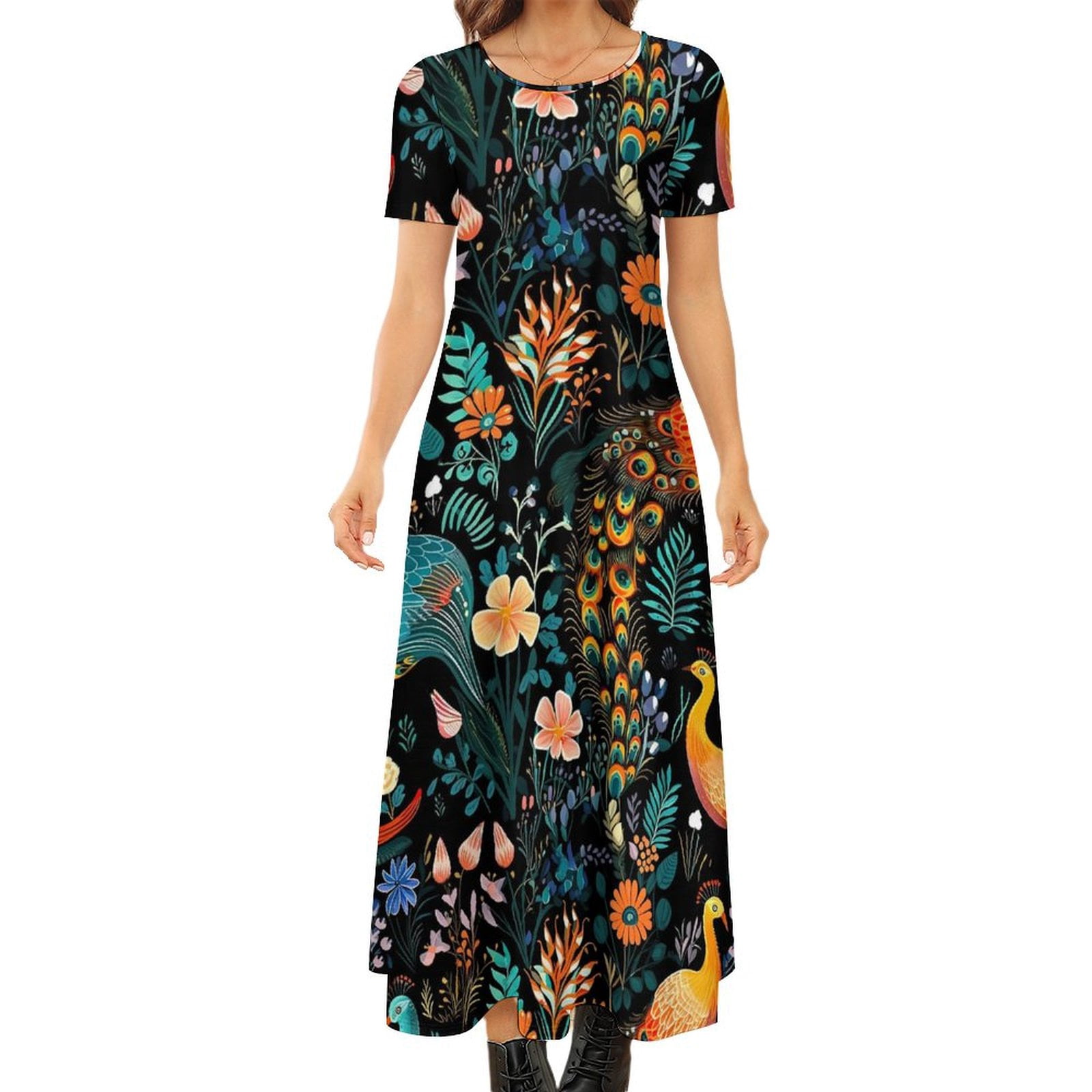 Peacock Feather Design Dress Blue Animal Aesthetic Bohemia Long Dresses ...