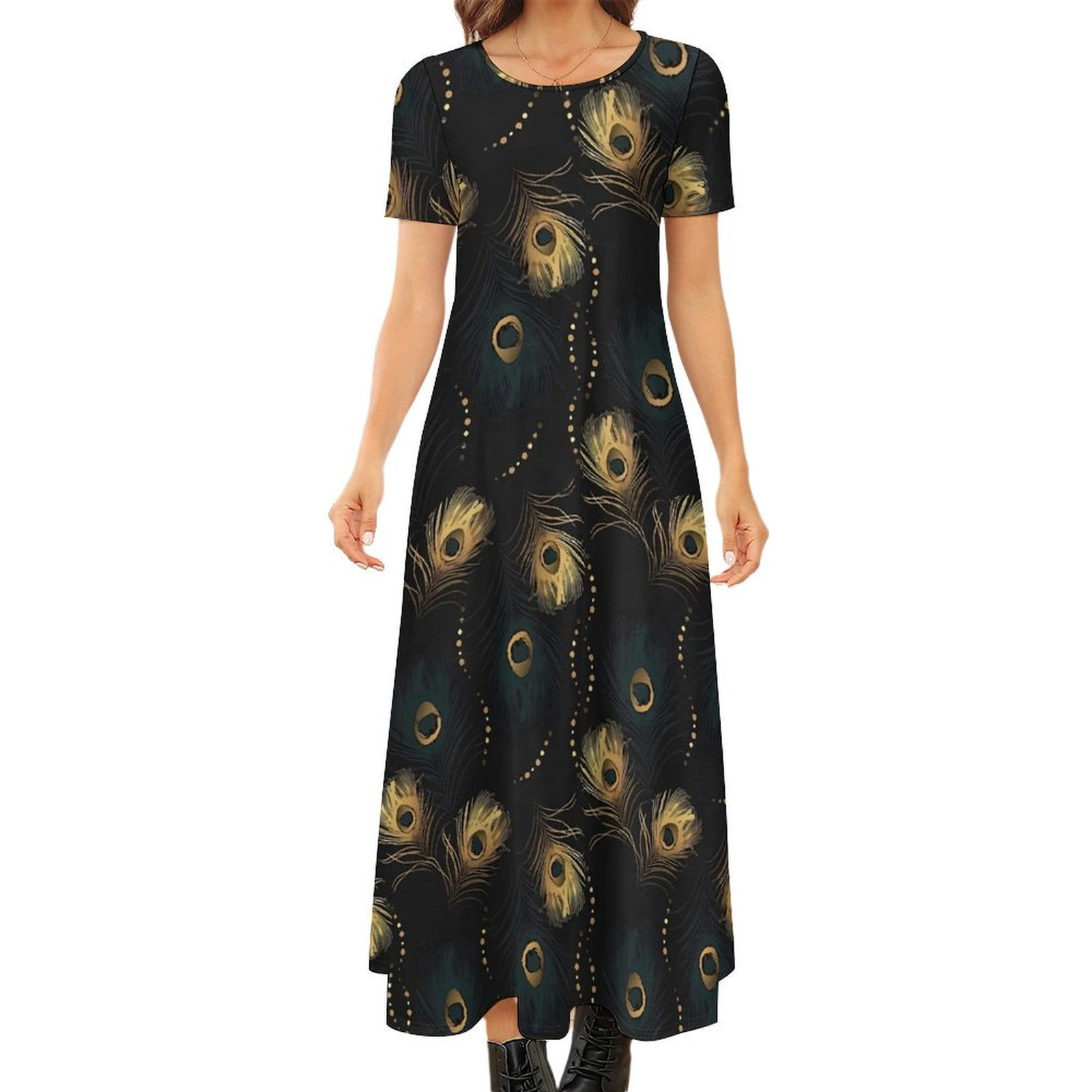 Peacock Feather Design Dress Blue Animal Aesthetic Bohemia Long Dresses ...