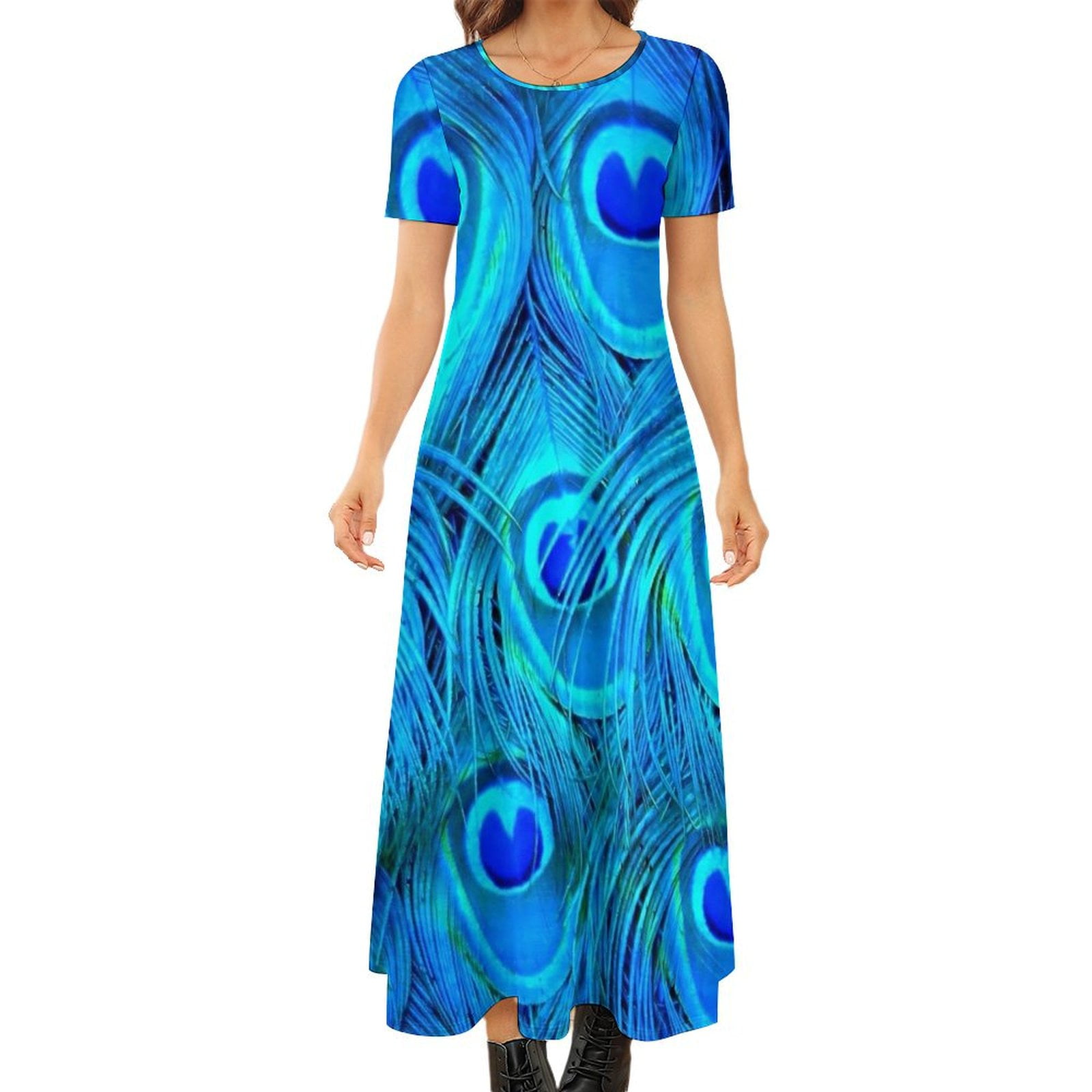 Peacock Feather Design Dress Blue Animal Aesthetic Bohemia Long Dresses ...
