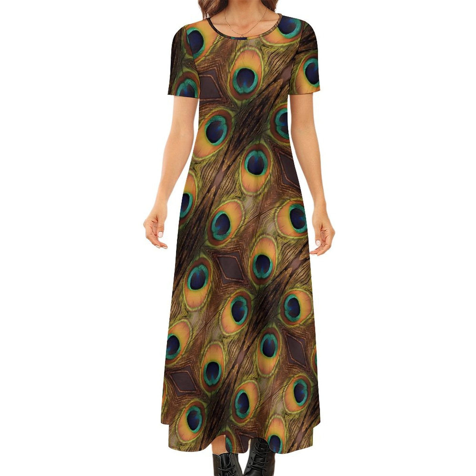 Peacock Feather Design Dress Blue Animal Aesthetic Bohemia Long Dresses ...