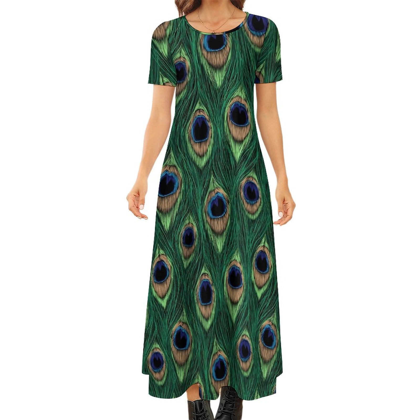 Peacock Feather Design Dress Blue Animal Aesthetic Bohemia Long Dresses ...