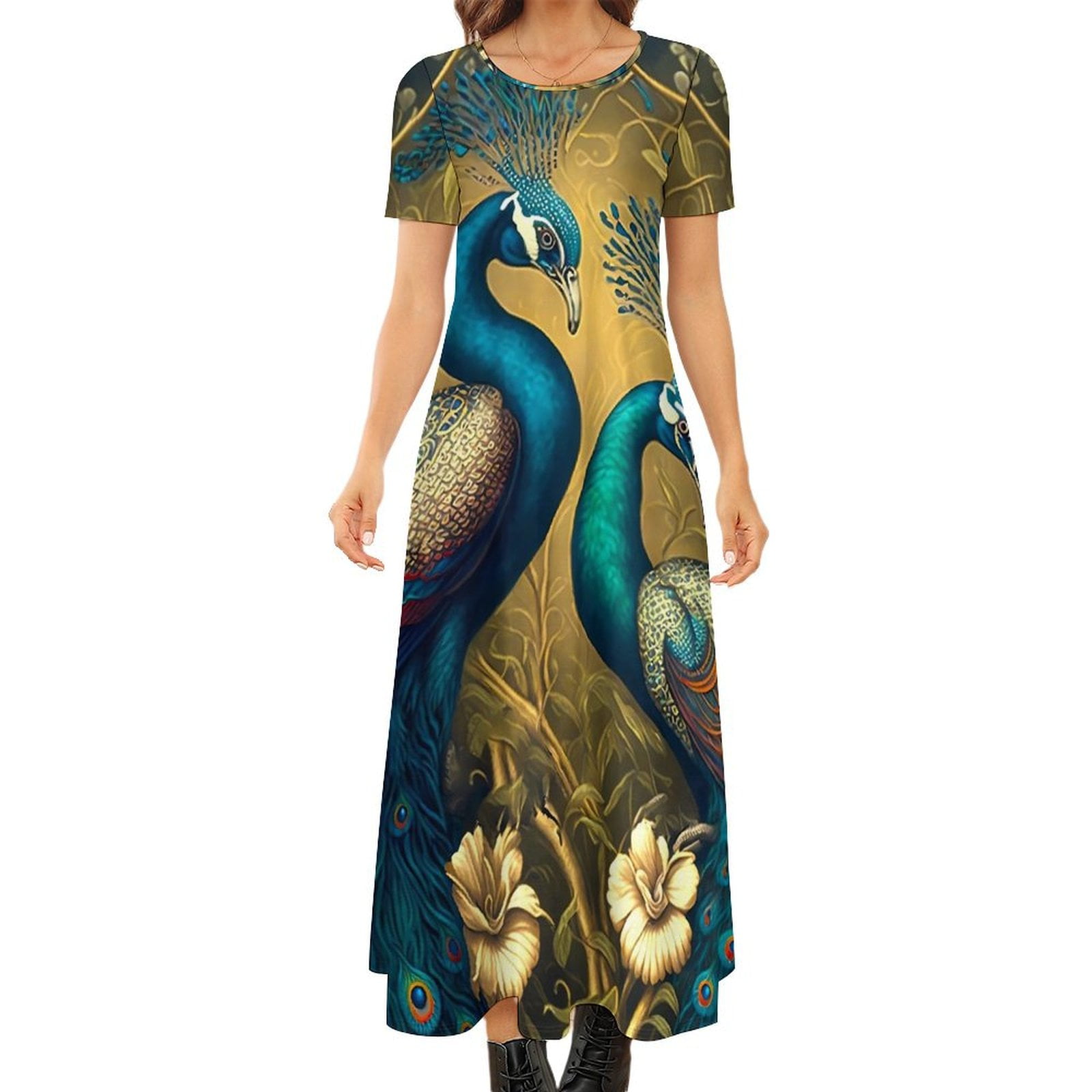 Peacock Feather Design Dress Blue Animal Aesthetic Bohemia Long Dresses ...
