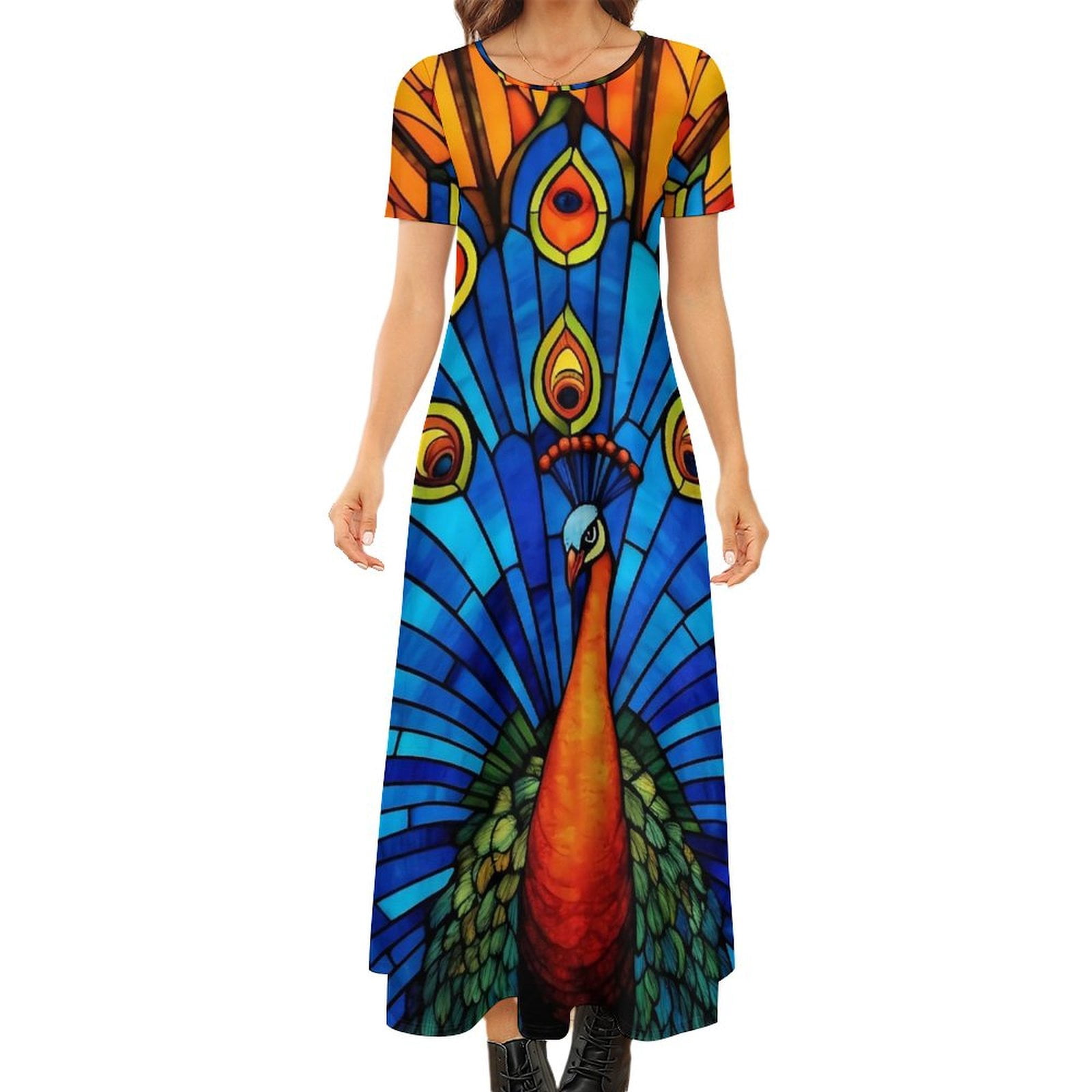 Peacock Feather Dress Animal Print Aesthetic Bohemia Long Dresses ...