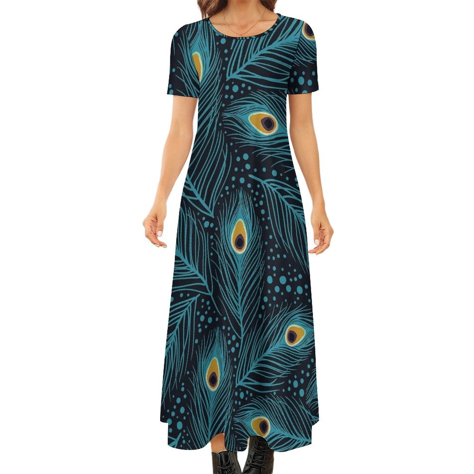 Peacock Feather Dress Animal Print Aesthetic Bohemia Long Dresses ...