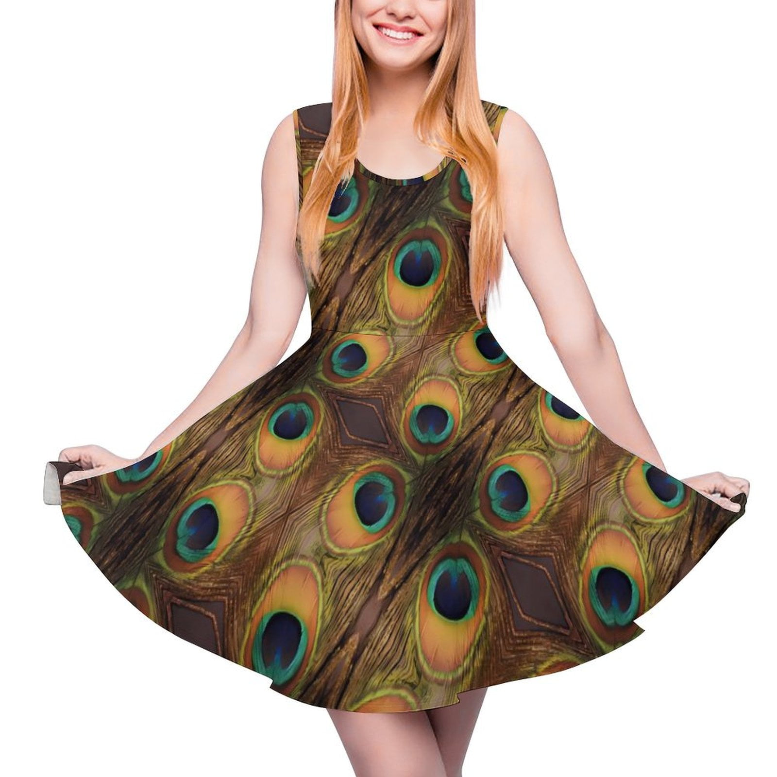Peacock Feather Dress Plummage Print Night Club Dresses High Waist ...