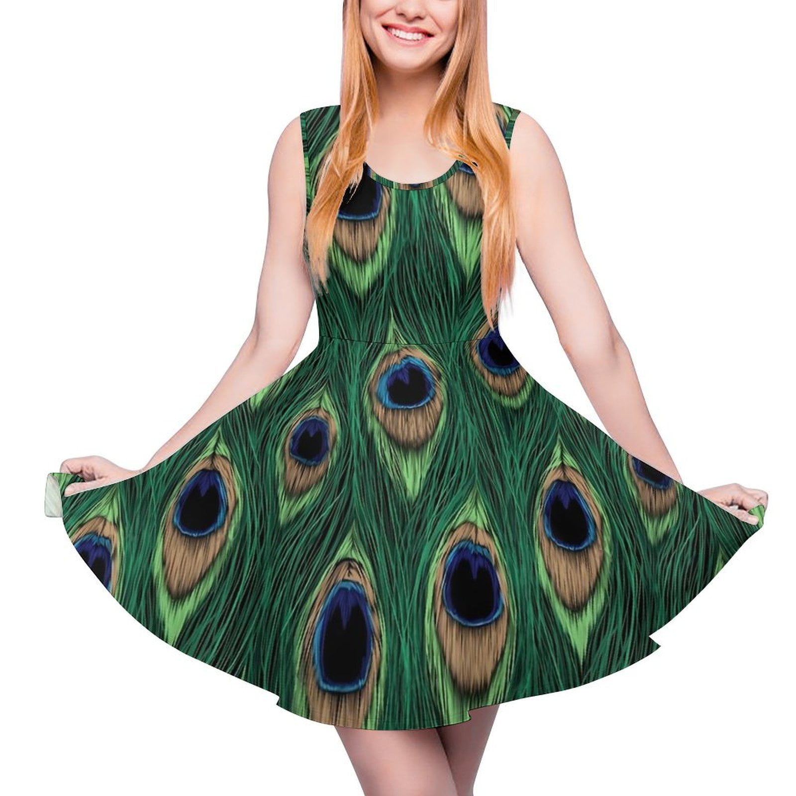 Peacock Feather Dress Plummage Print Night Club Dresses High Waist ...