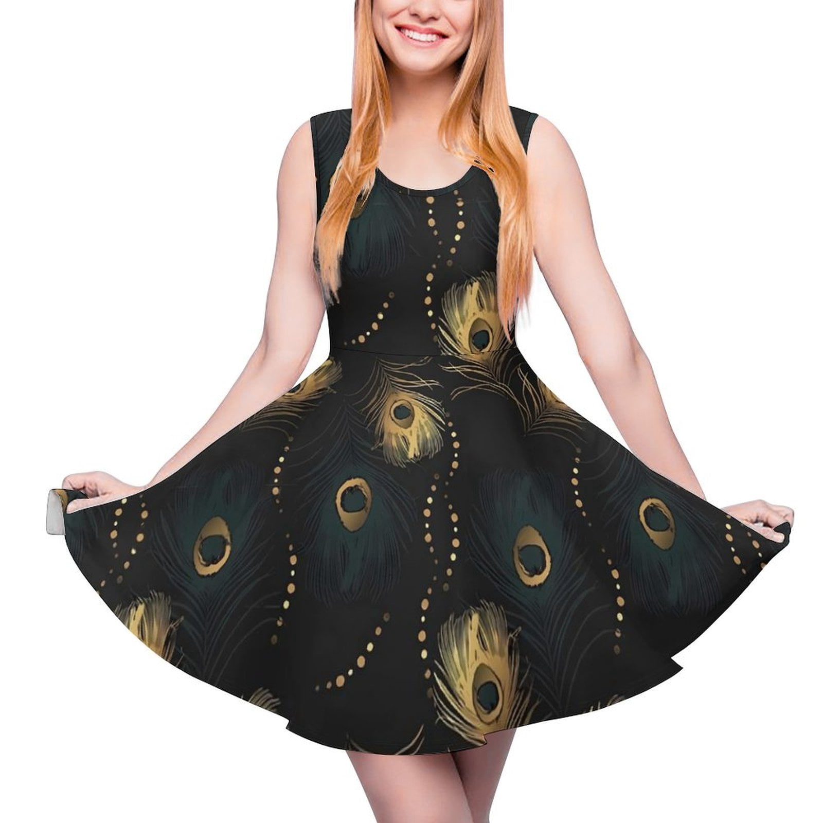 Peacock Feather Dress Plummage Print Night Club Dresses High Waist ...