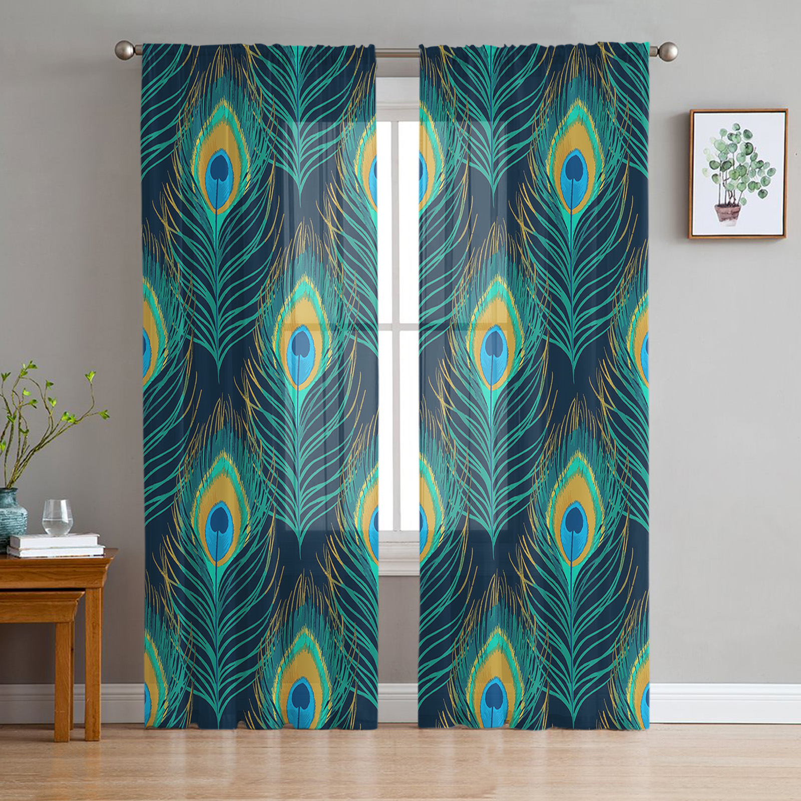 Peacock Feather Elegant White Print Sheer Window Panel Curtains Room ...