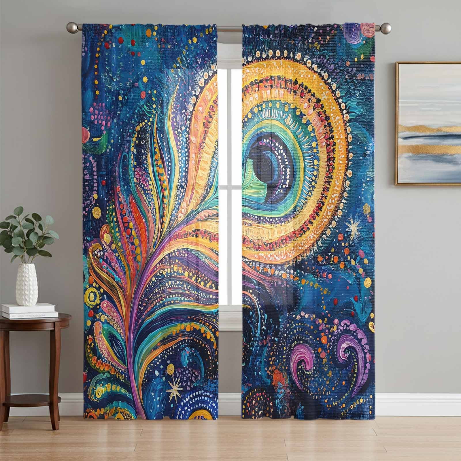 Peacock Feather Eye Sheer Curtains 72 Inch Length 2 Panels Set ...