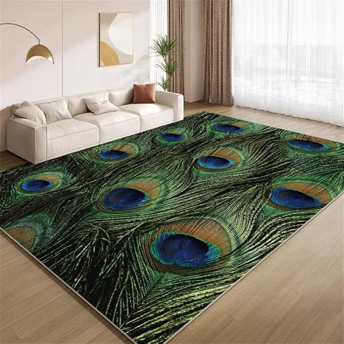 Peacock Feather Farmhouse Area Rug, Animal Print Rug, Indoor Decor Non ...